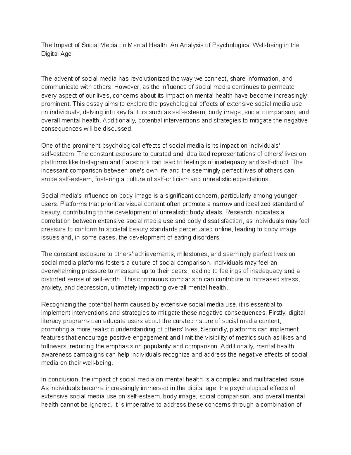 The Impact of Social Media on Mental Health An Analysis of ...
