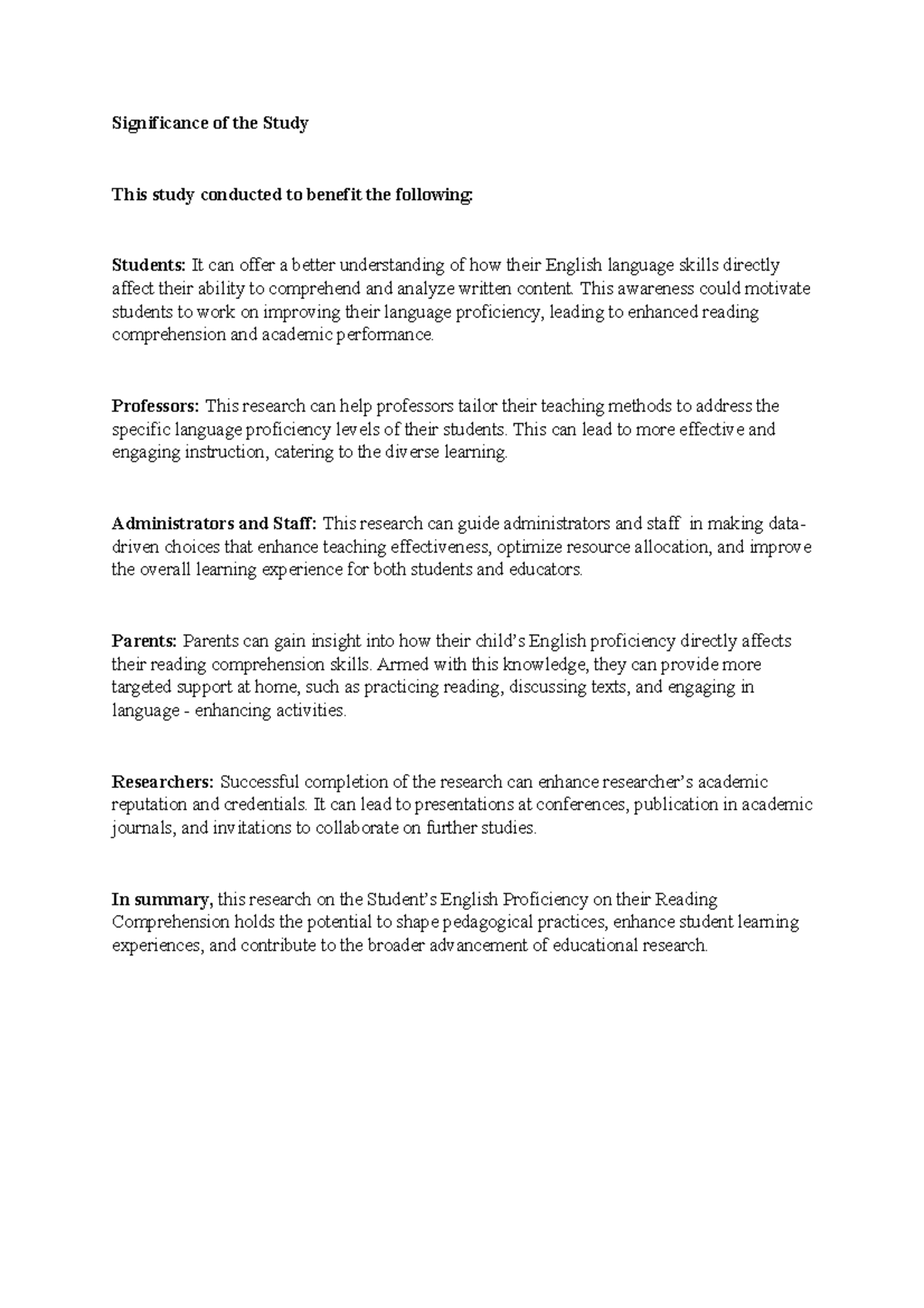 Significance - Summaries - Significance of the Study This study ...