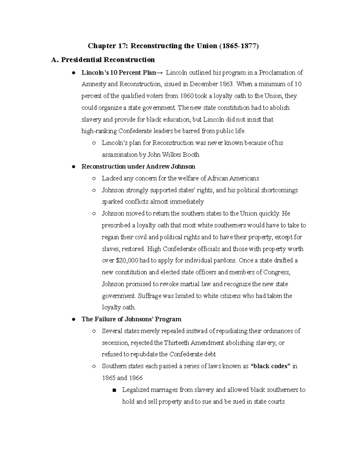 HIST 212 Chapter 17 and 18 Notes - Chapter 17: Reconstructing the Union ...