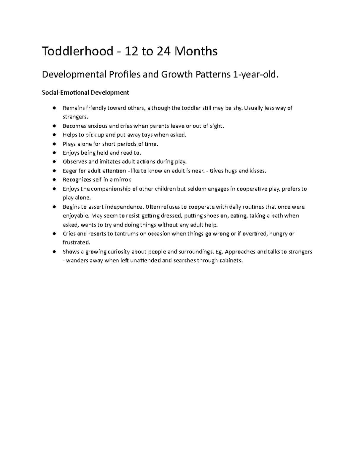 Toddlerhood - 12 to 24 months Notes - Toddlerhood - 12 to 24 Months ...