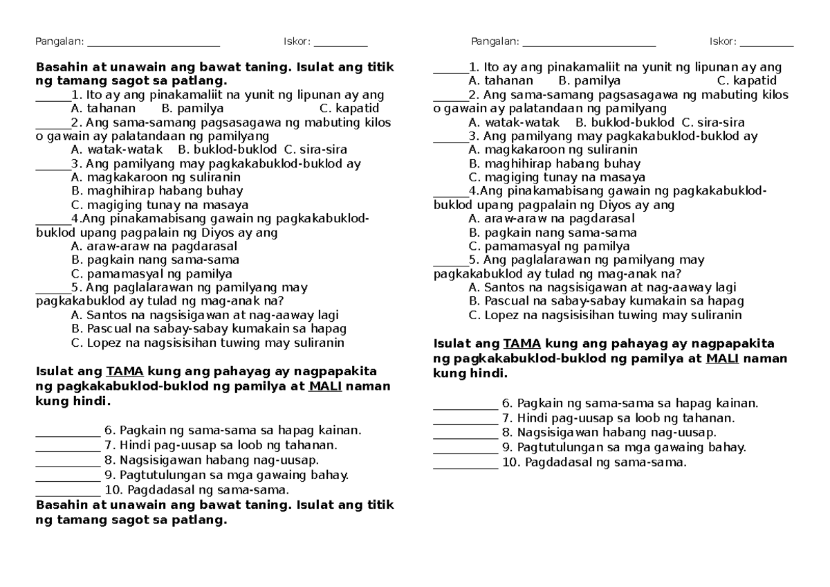 Thurs esp task - esp task - Pangalan: ___________________________ Iskor ...