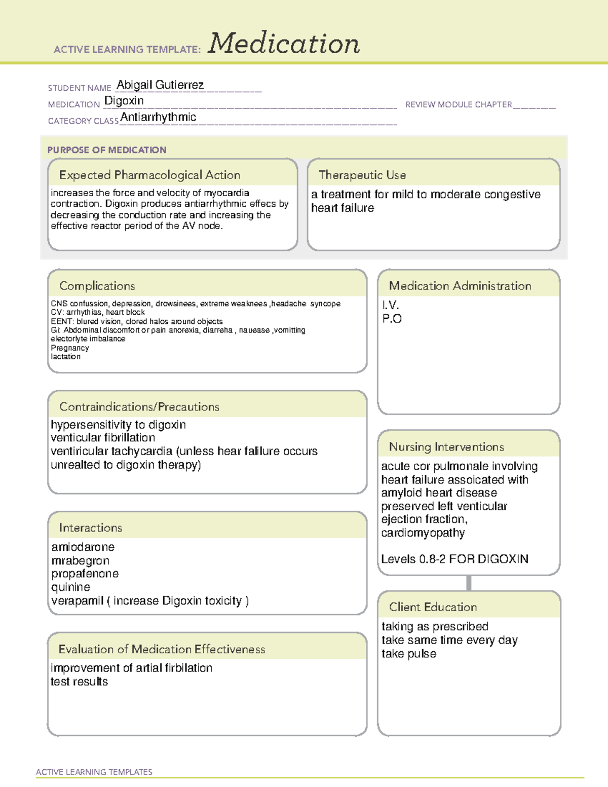 Digoxin Medication form - ACTIVE LEARNING TEMPLATES Medication STUDENT ...