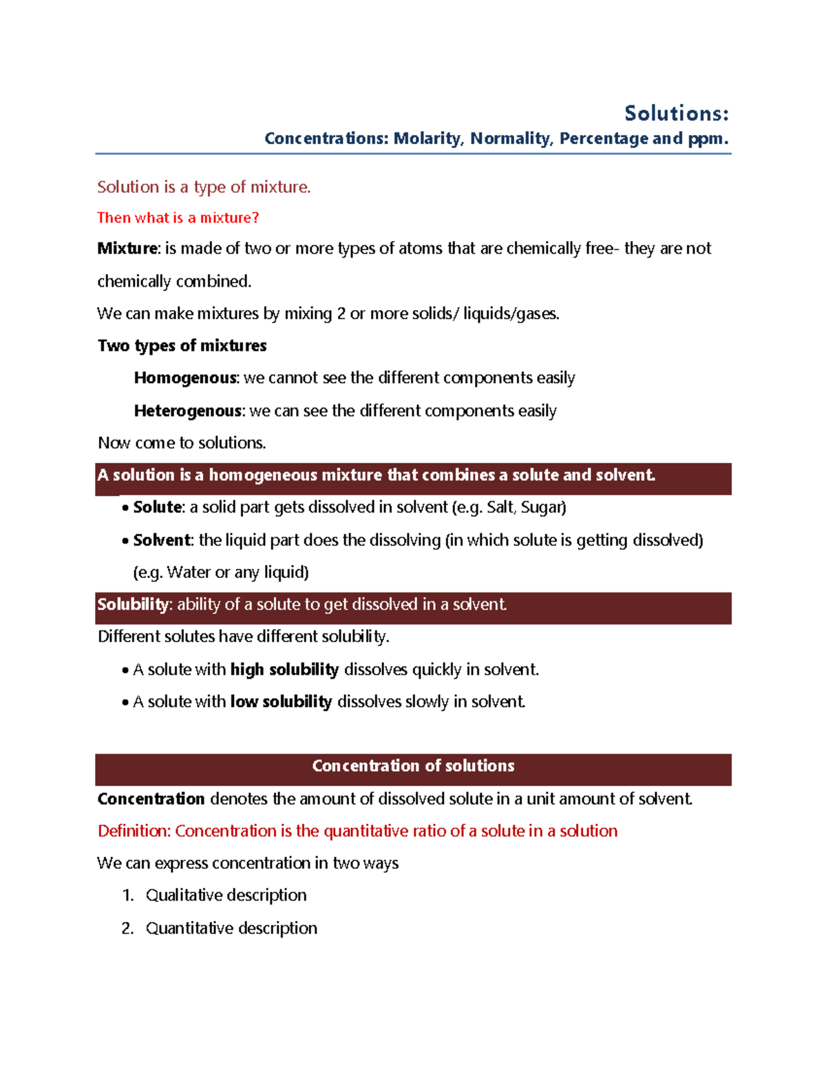 Soltions AT A Glance - Solutions: Concentrations: Molarity, Normality ...
