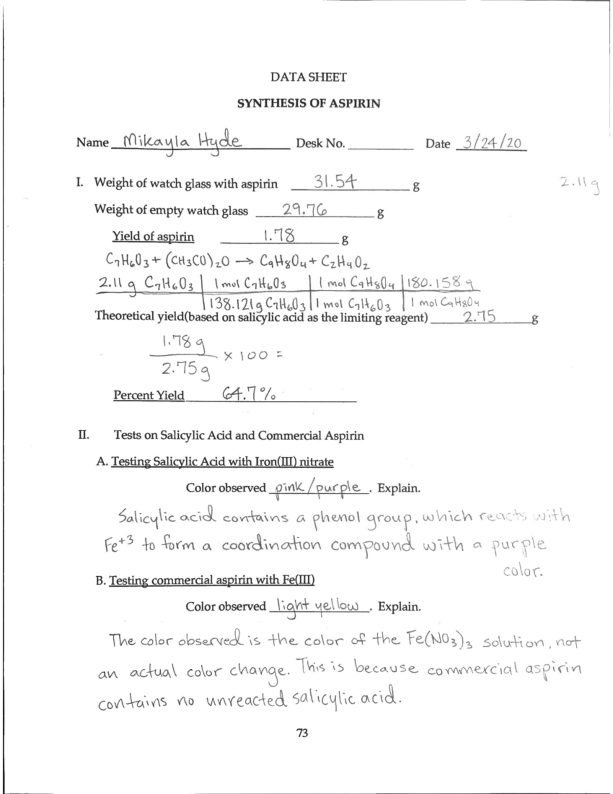 Experiment 7 Data Sheet - CHEM2221L - Studocu