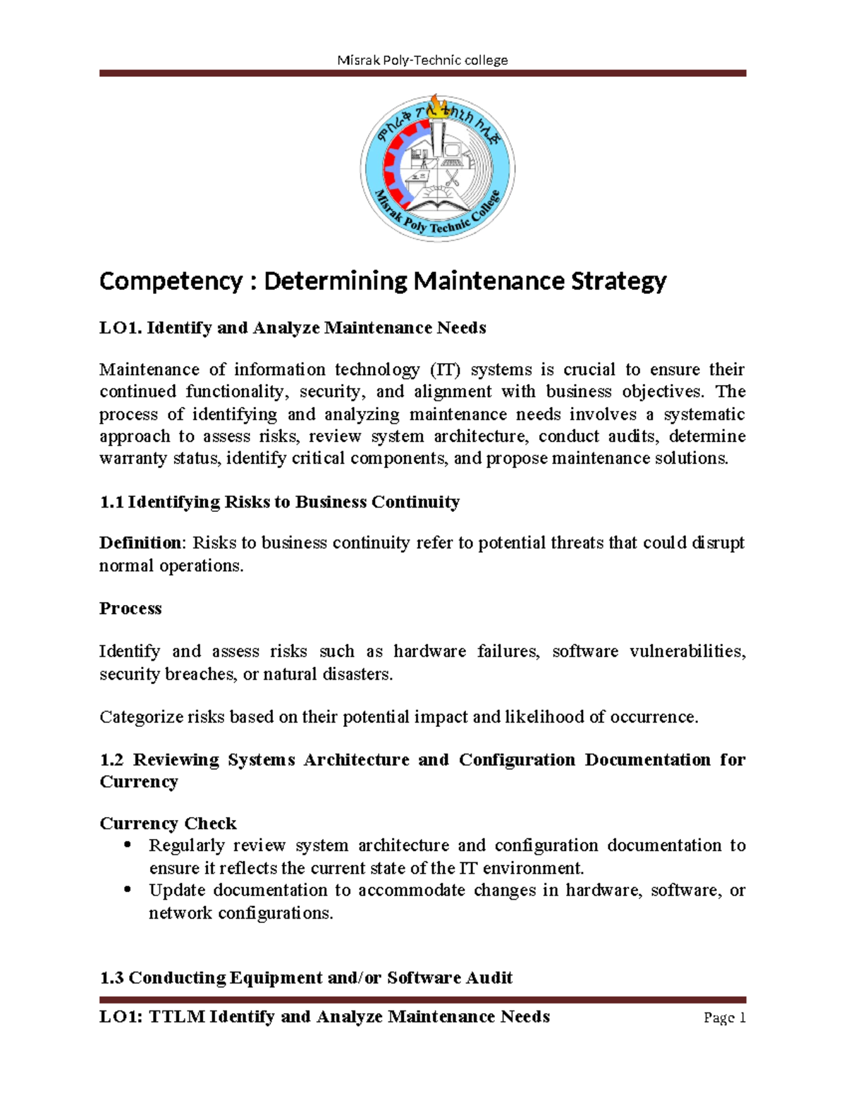 LO1. Identify and Analyze Maintenance Needs - Competency : Determining ...