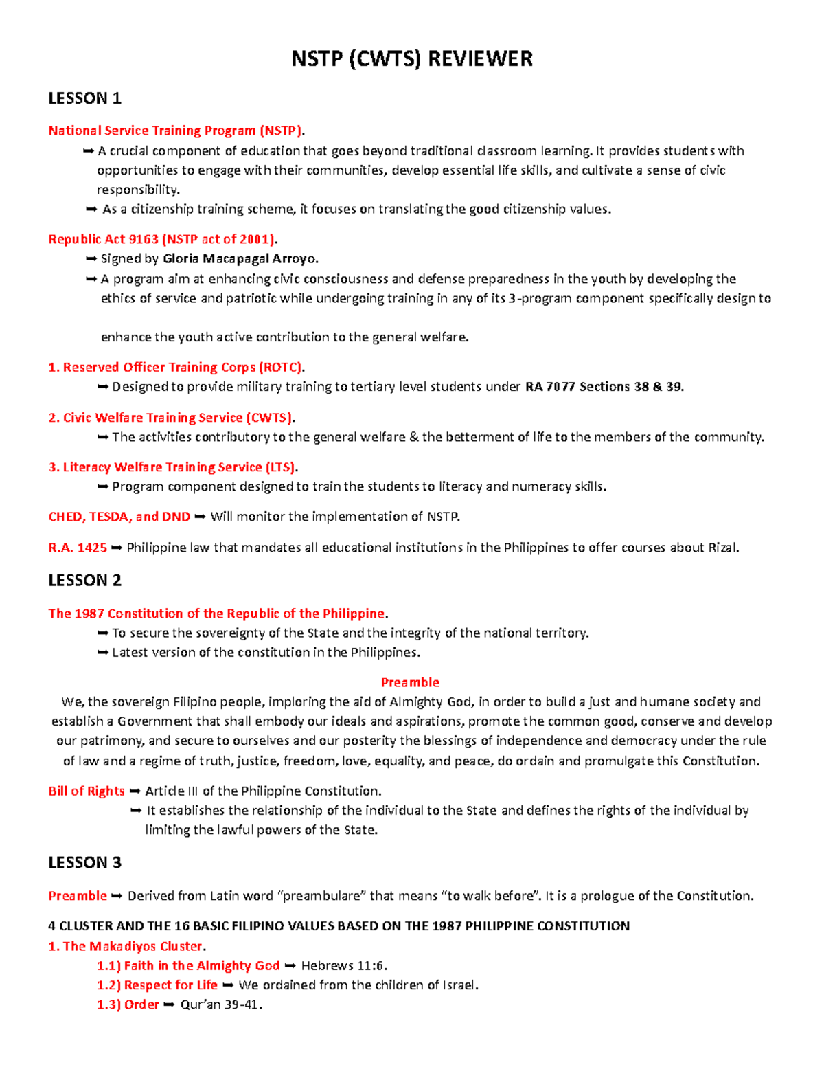 CWTS-Reviewer - Cwts reviewer - NSTP (CWTS) REVIEWER LESSON 1 National ...