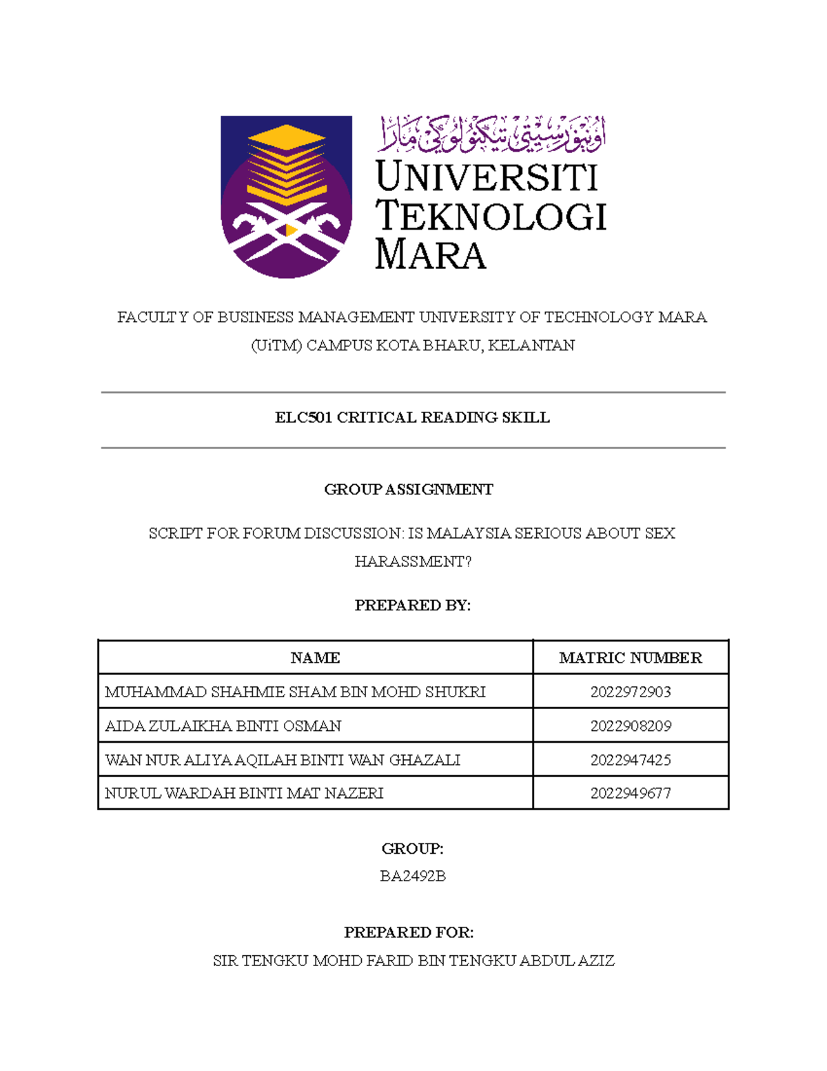 Script Forum ELC ( Group 5)(IS Malaysia Serious About Sexual Harassment ...