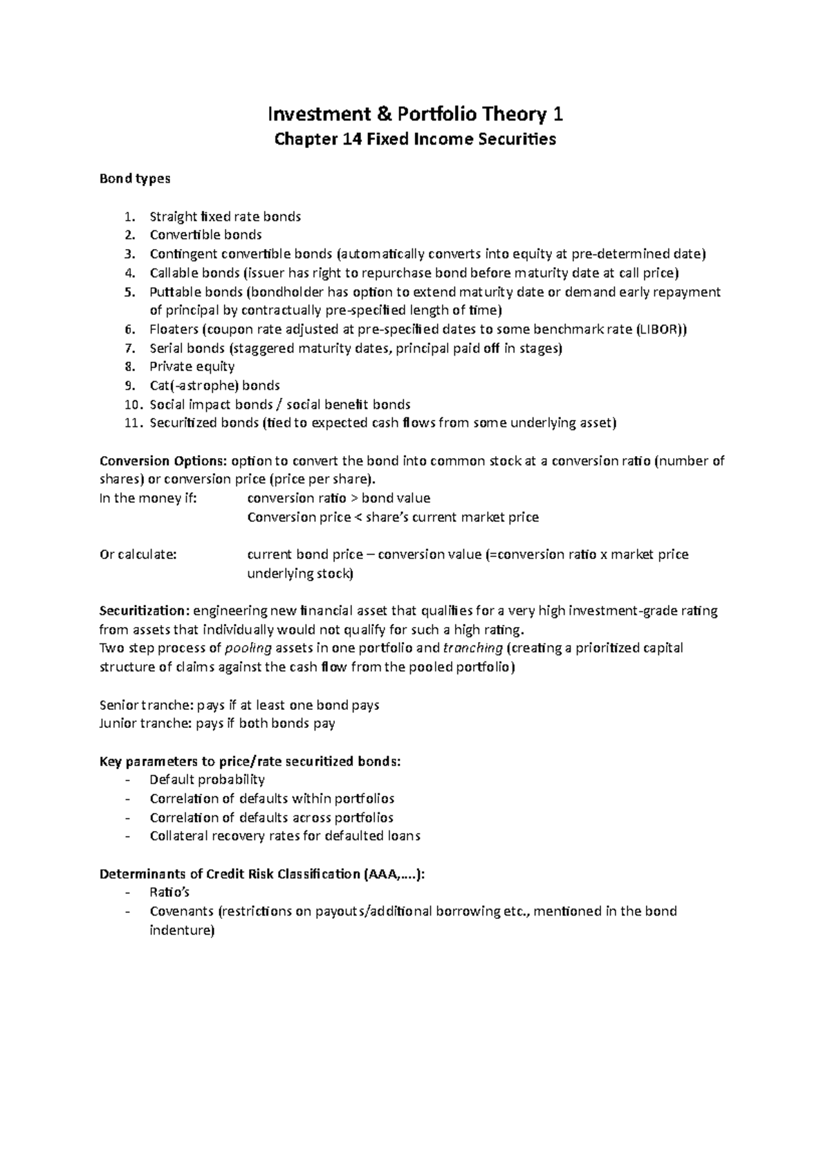 Summary IPT1 - Investment & Portfolio Theory 1 Chapter 14 Fixed Income ...