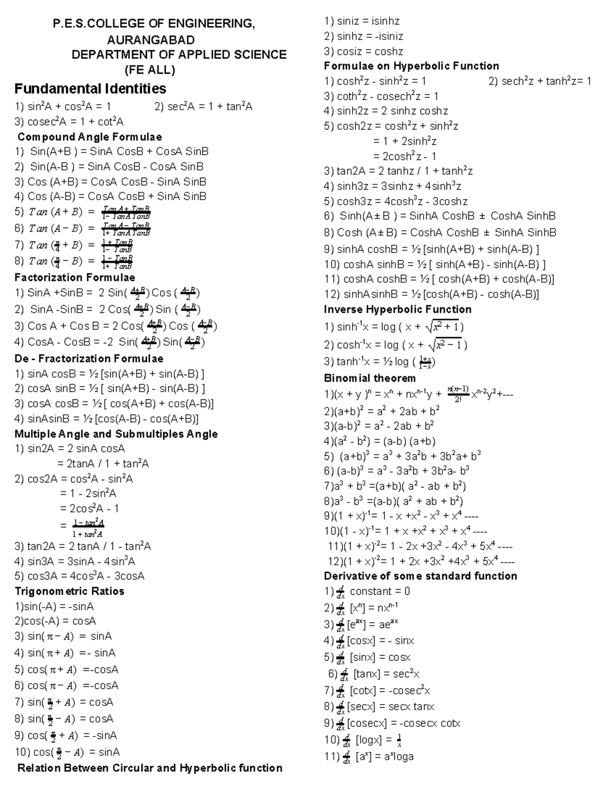 Formulas all - First year - P.E.S OF ENGINEERING, AURANGABAD DEPARTMENT ...