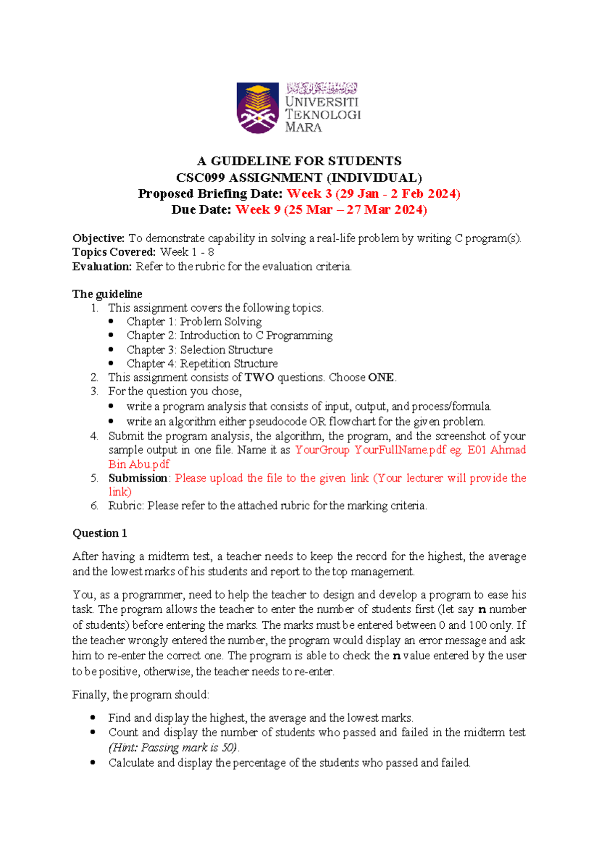 Sample Assignment for Students 2024 - A GUIDELINE FOR STUDENTS CSC099 ASSIGNMENT (INDIVIDUAL ...