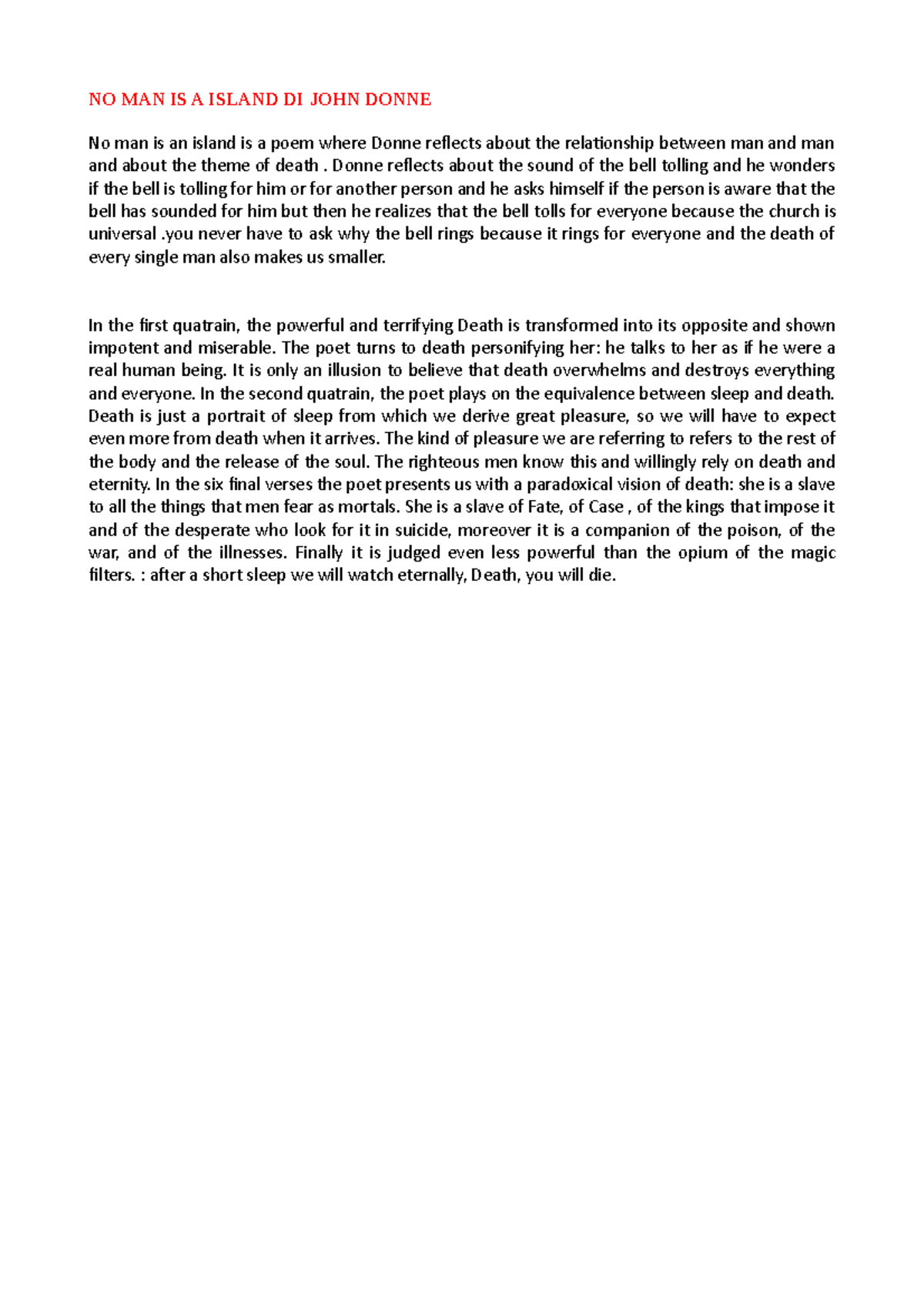 NO MAN IS AN ISLAND DI J.DONNE - NO MAN IS A ISLAND DI JOHN DONNE No ...