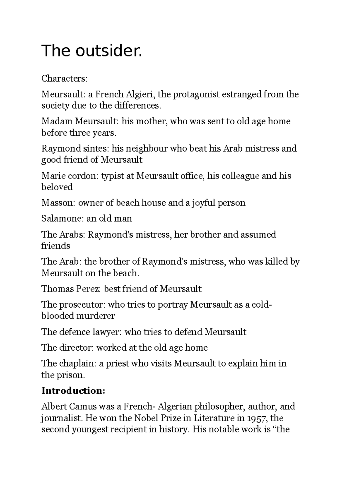 The outsider albert kamar - The outsider. Characters: Meursault: a ...