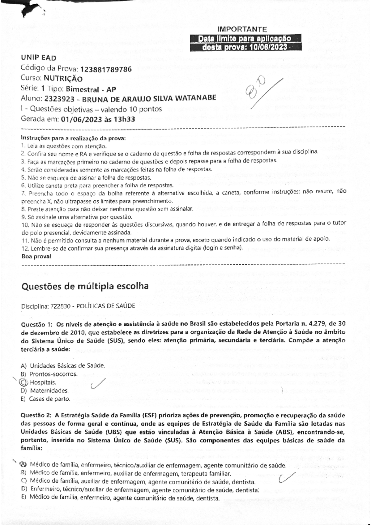 Prova unip Politicas DE Saude - Curso Nutricao 2023 - Política Social ...