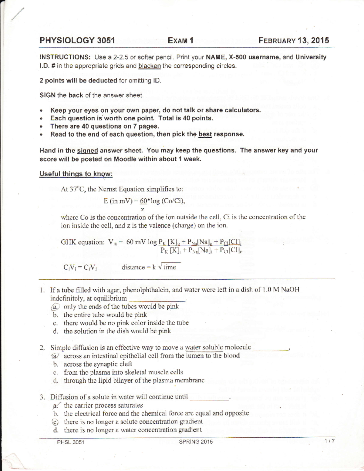 Phsl Exam1 to 4 - PHYSIOLOGY 3051 Exau 1 Feenulnv 1 3, 2015 ...
