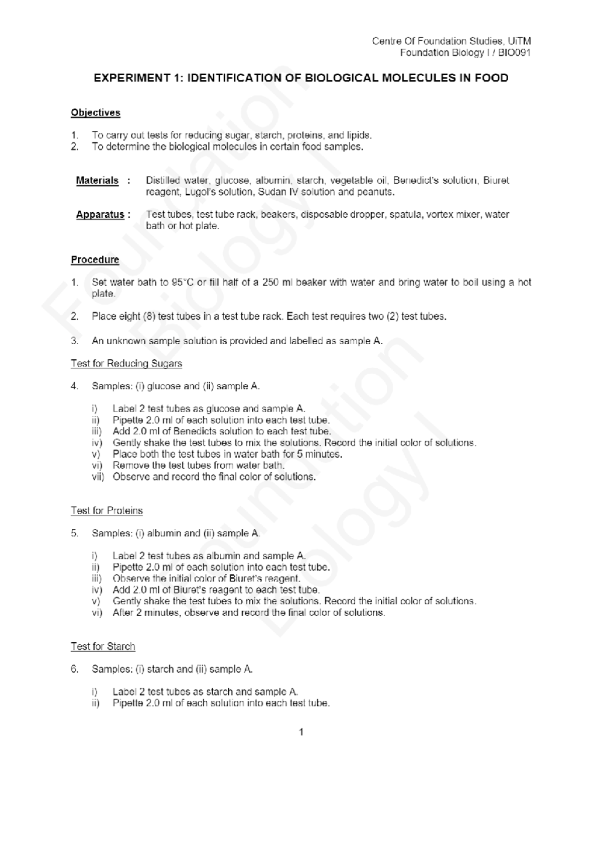 Bio Tutorial Chap 1 Foundation Biology Uitm Studocu