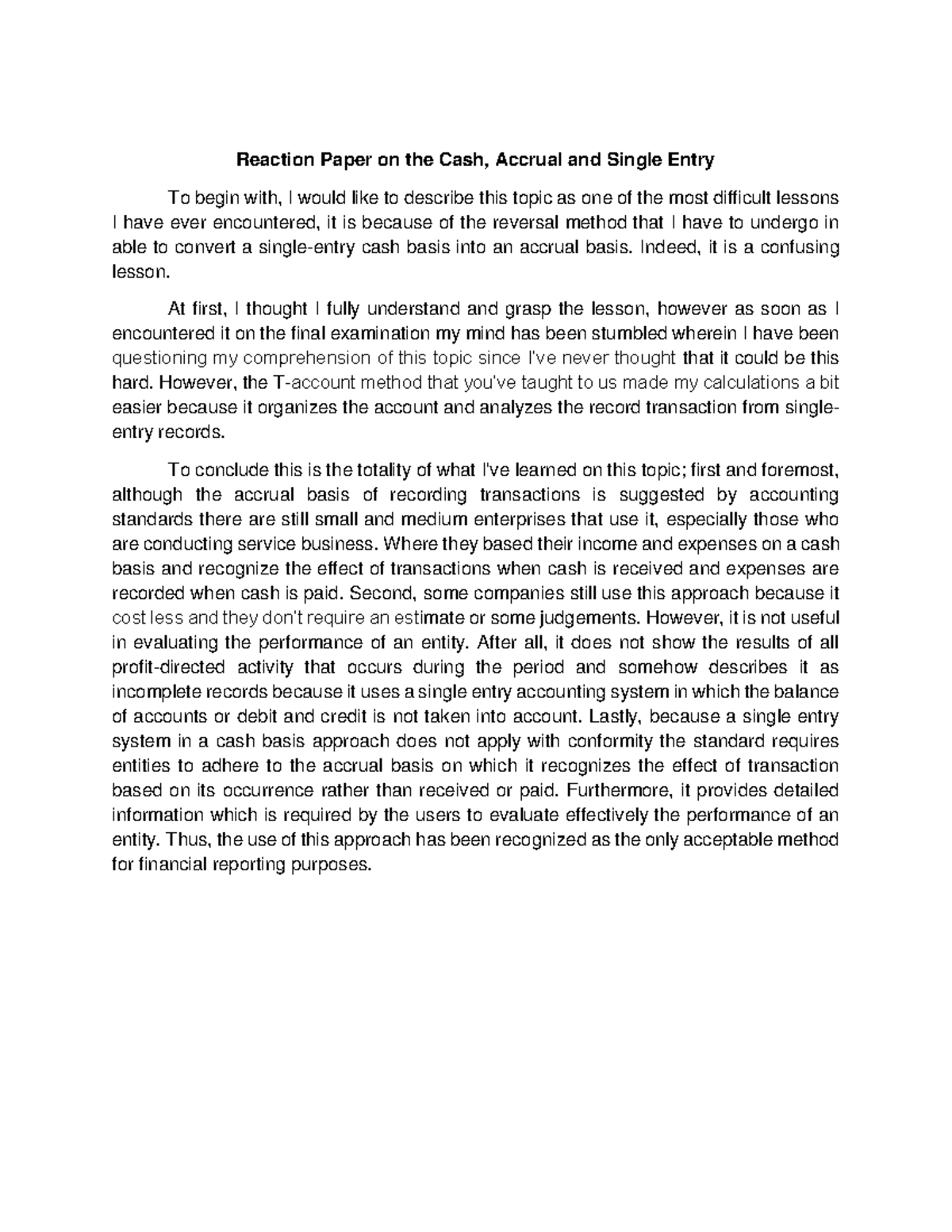 CFAS Final Reaction Paper - Reaction Paper on the Cash, Accrual and ...