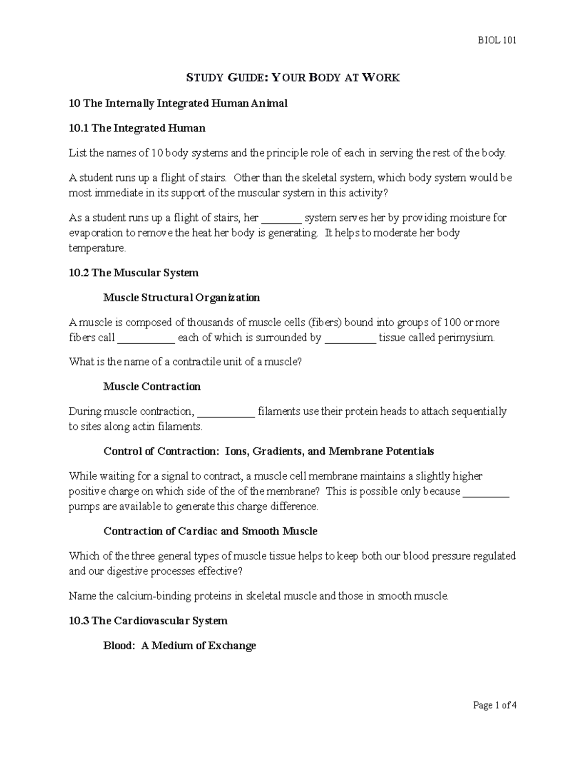 Study Guide Your Body at Work - STUDY GUIDE: YOUR BODY AT WORK 10 The ...