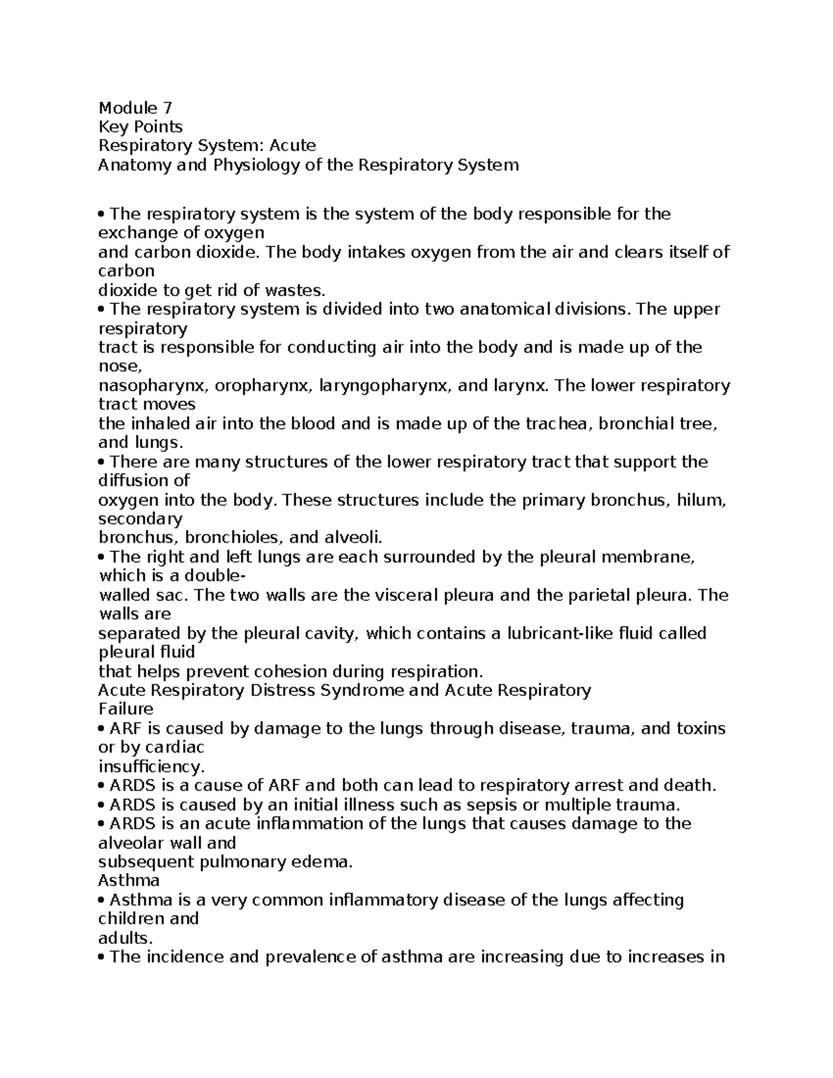 Module 7 Respiratory - Summary Advanced Pathophysiology - Module 7 Key ...