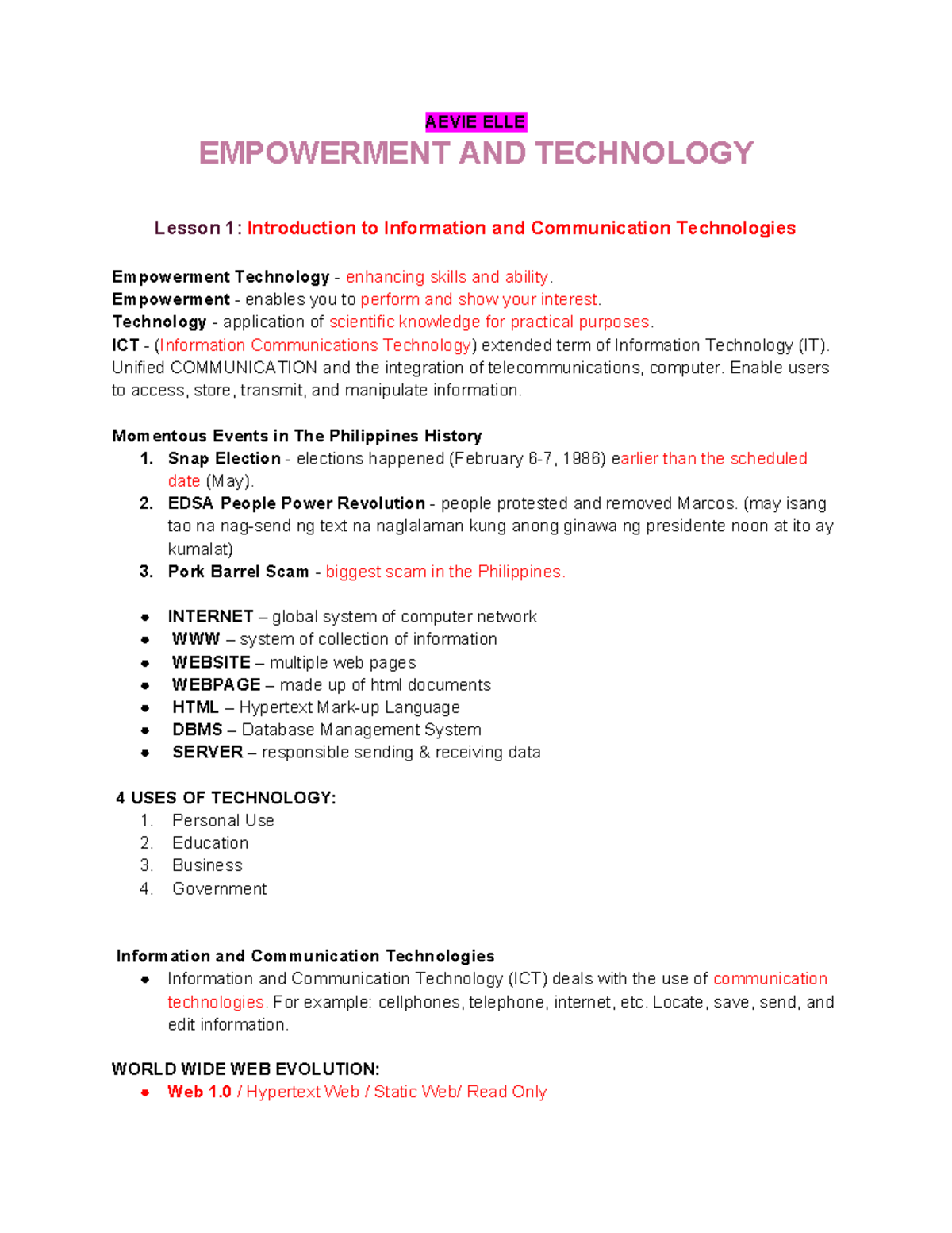 Em-Tech( Reviewer) - AEVIE ELLE EMPOWERMENT AND TECHNOLOGY Lesson 1: Introduction to Information ...