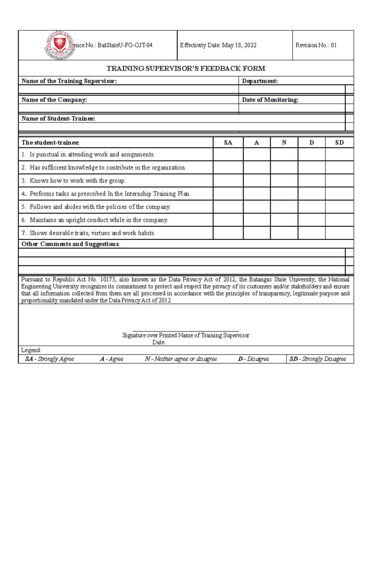 Bat State U-FO-OJT-04 Training Supervisor's Feedback Form Rev. 01 ...