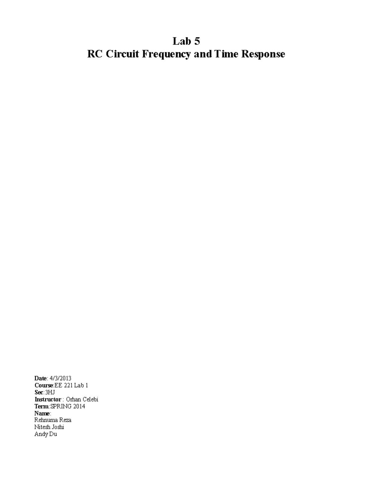 Eelab 5 - Lab 5 RC Circuit Frequency and Time Response Date: 4/3/2013 ...