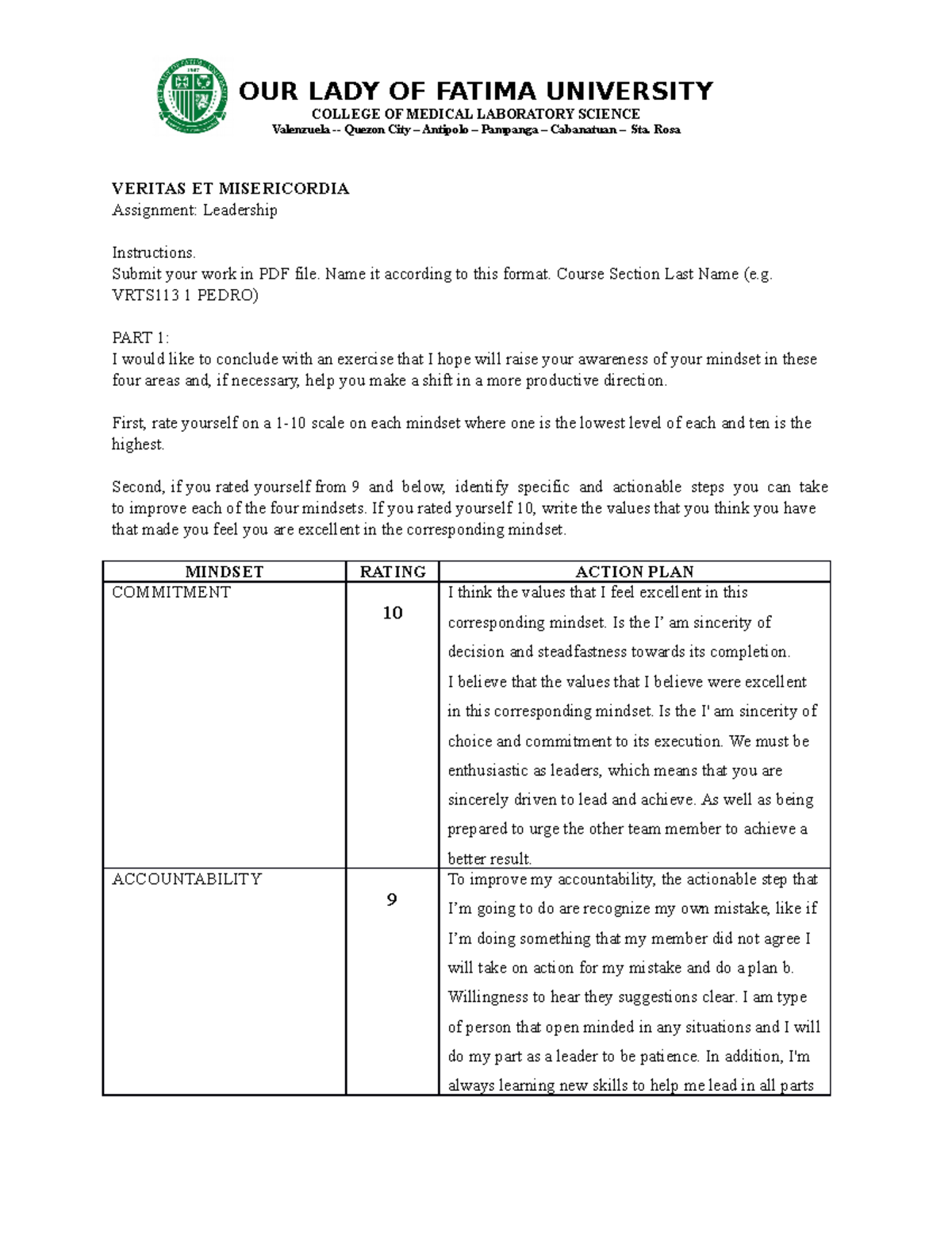 Assignment Leadership - OUR LADY OF FATIMA UNIVERSITY COLLEGE OF MEDICAL LABORATORY SCIENCE ...