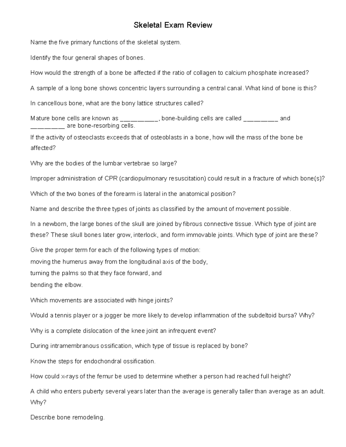 Skeletal Exam Review - Anatomy - Skeletal Exam Review Name the five ...