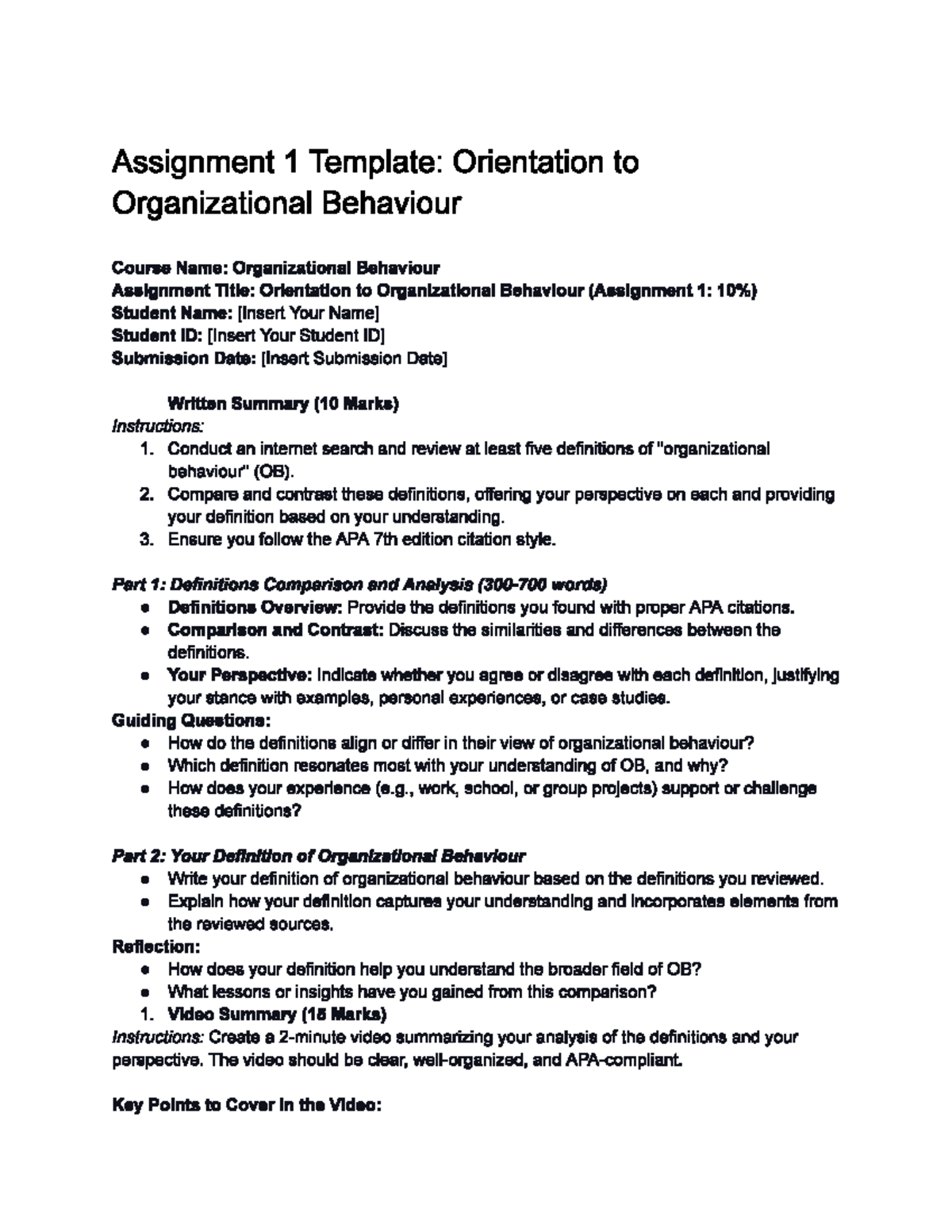 Sample Organizational Behaviour ORGB 2811 - Assignment 1 Template ...