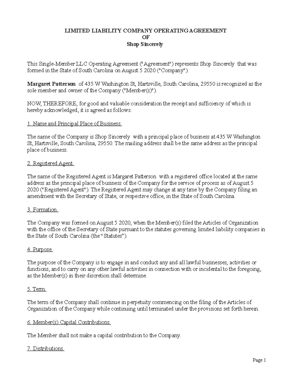 South Carolina LLC Operating Agreement 2023 07 16 - LIMITED LIABILITY ...