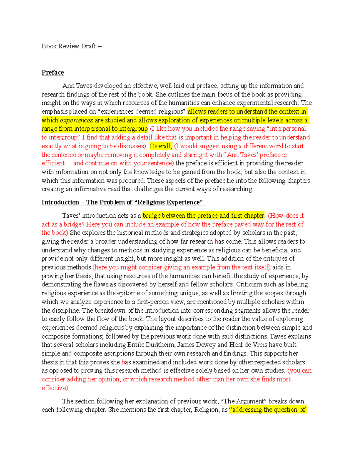 Book Review Draft i - Book Review Draft – Preface Ann Taves developed ...