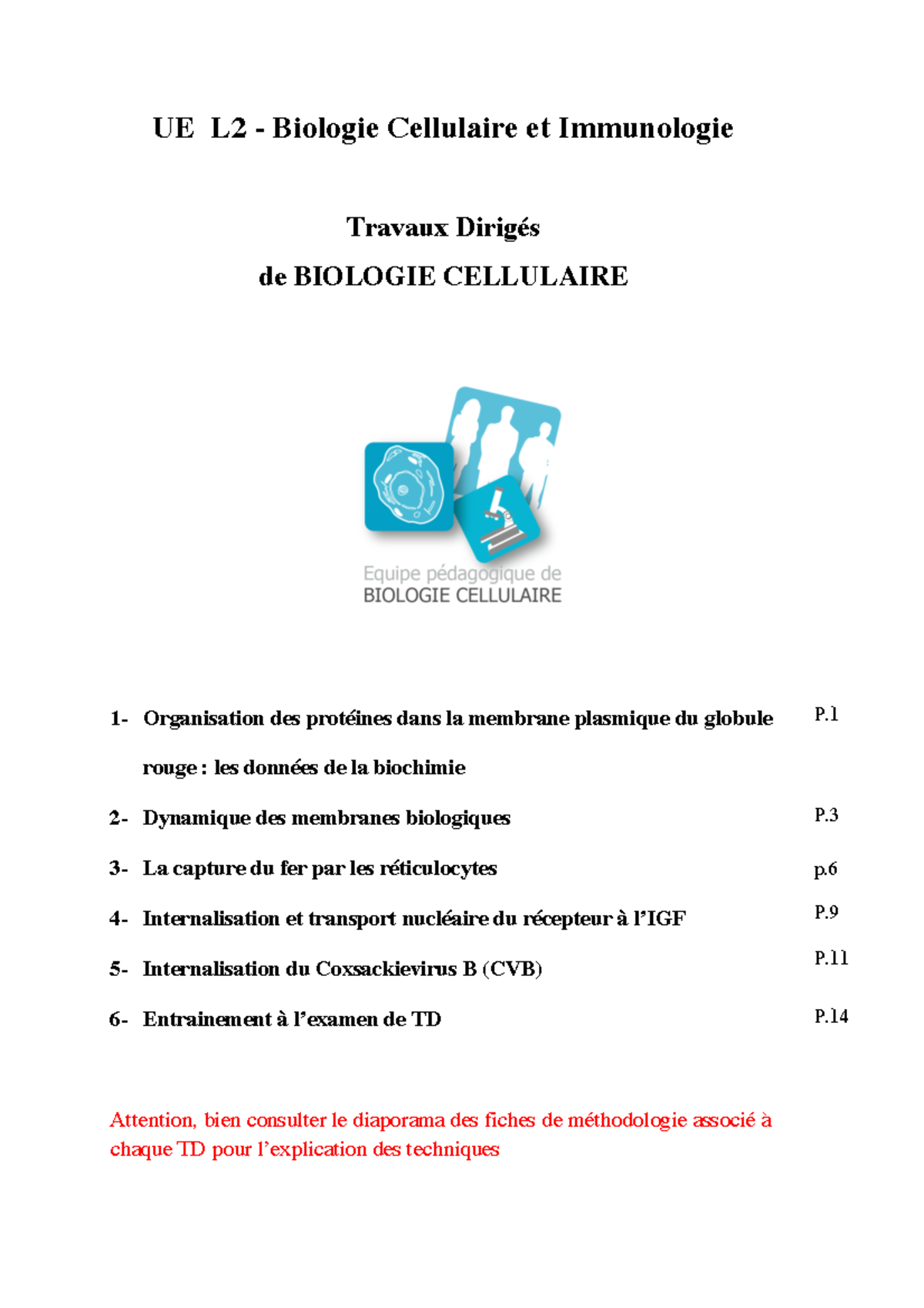 Fascicule TD Bio Cell 2023-2024 - UE L2 - Biologie Cellulaire et Immunologie Travaux Dirigés de ...