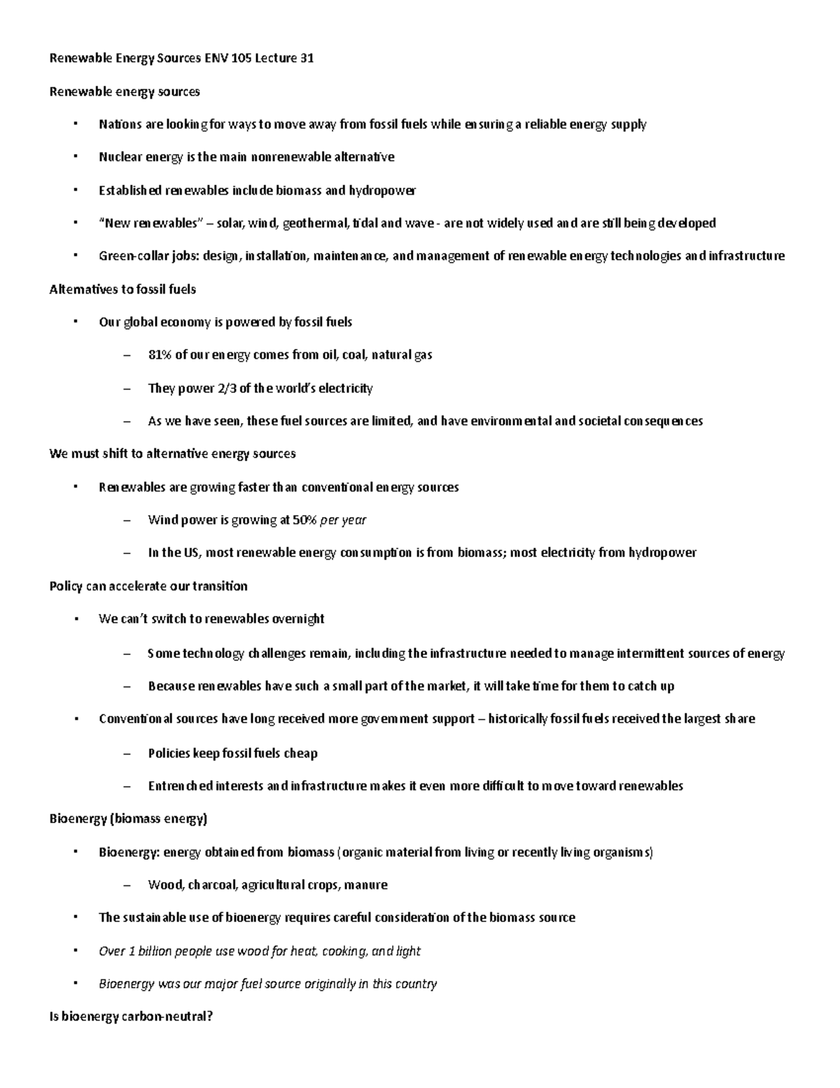 ENV 105 Lecture 31 Renewable Energy Sources - Renewable Energy Sources ...
