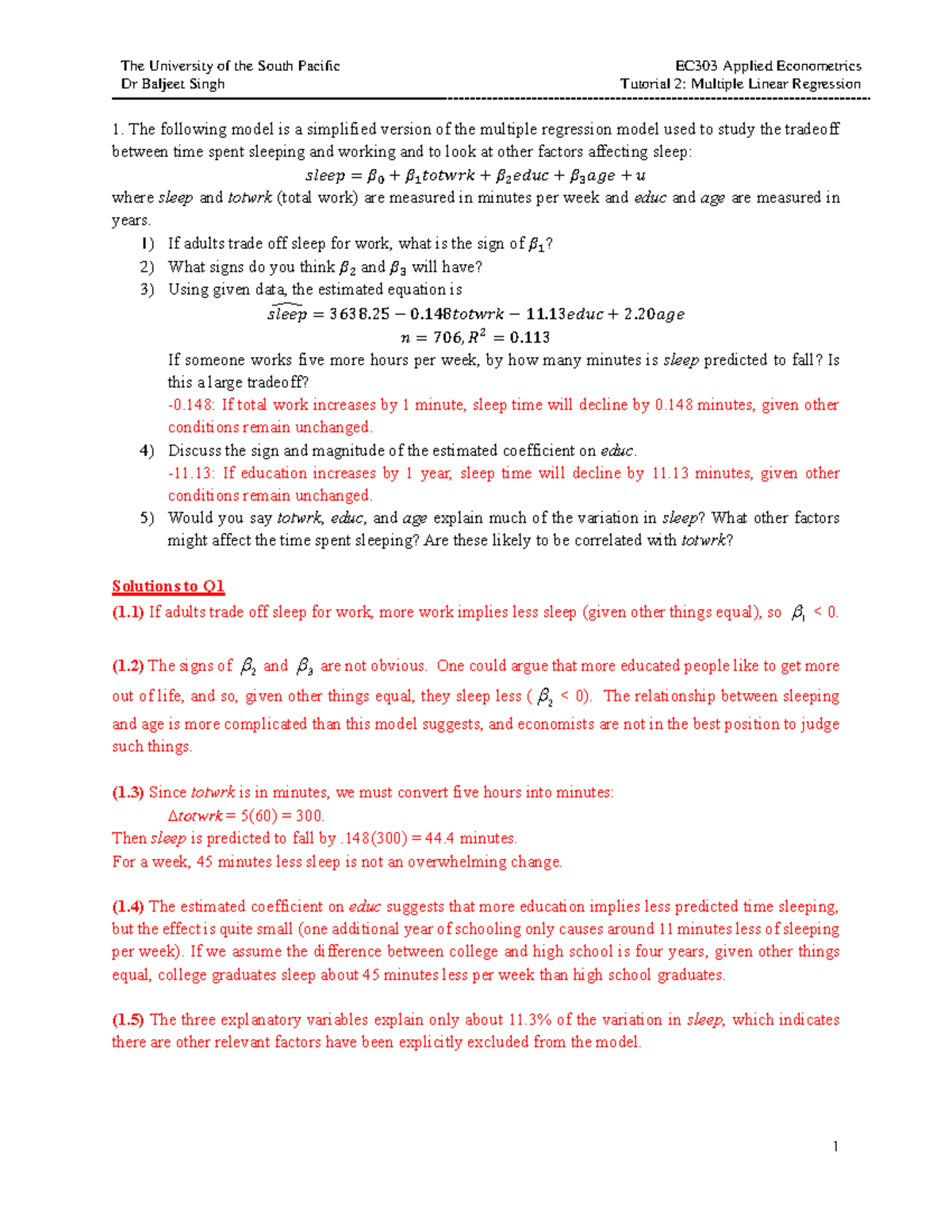 Tutorial solutions - The University of the South Pacific Dr Baljeet ...