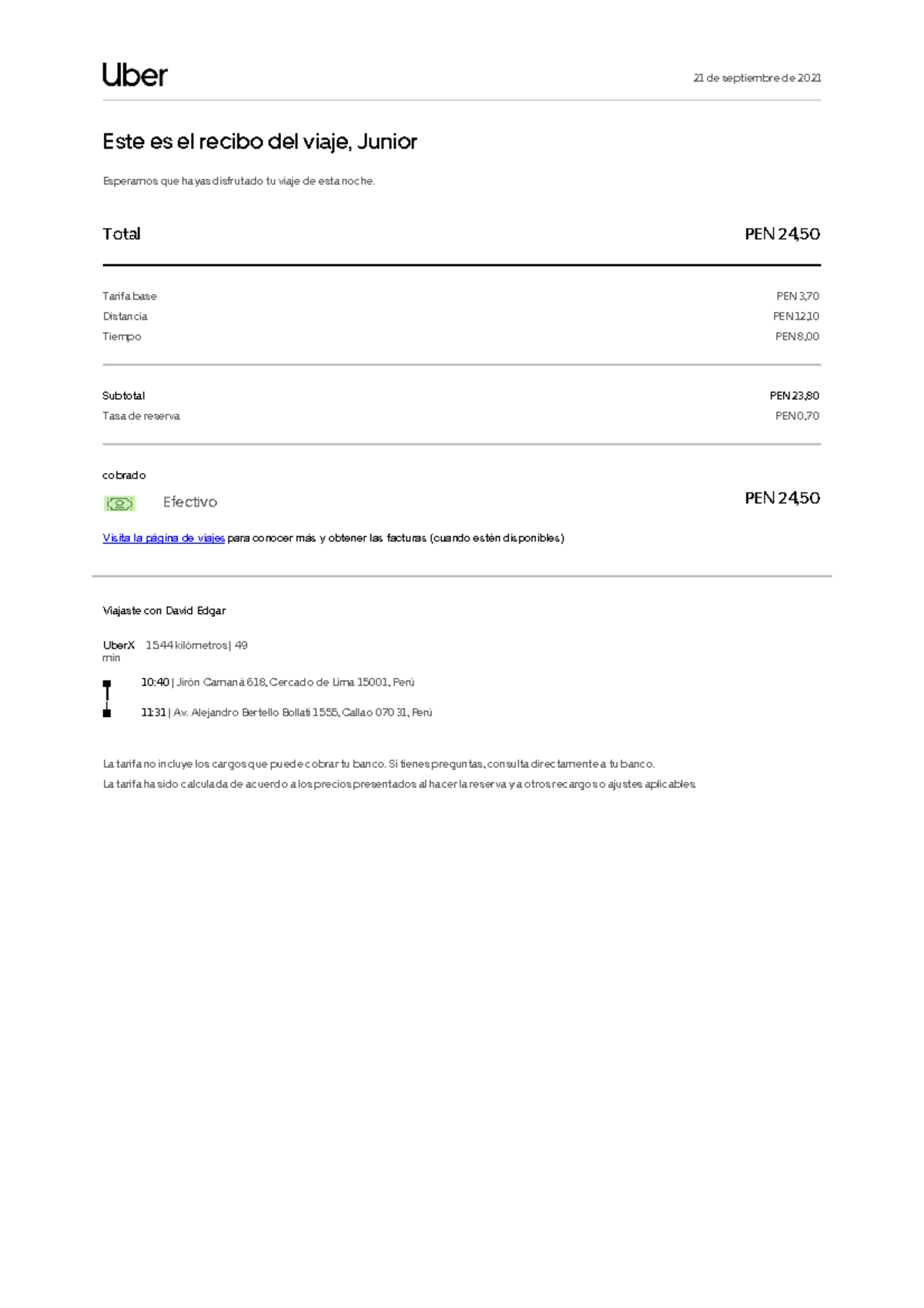 Recibo DE UBER - Sep 2021 - 10:40 | Jirón Camaná 618, Cercado de Lima ...