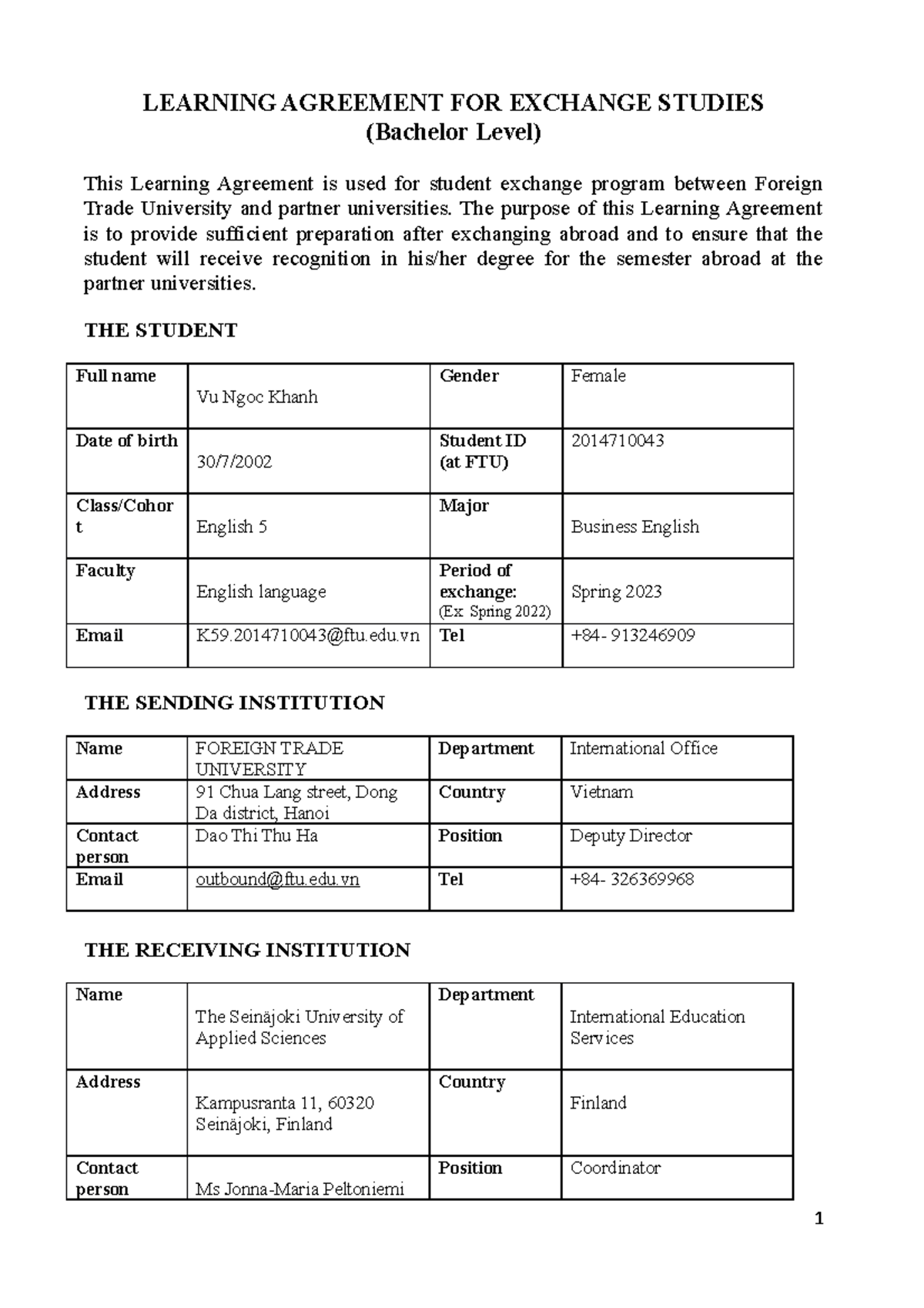 [Mẫu 9] Learning Agreement Thoả thuân học tập - LEARNING AGREEMENT FOR ...