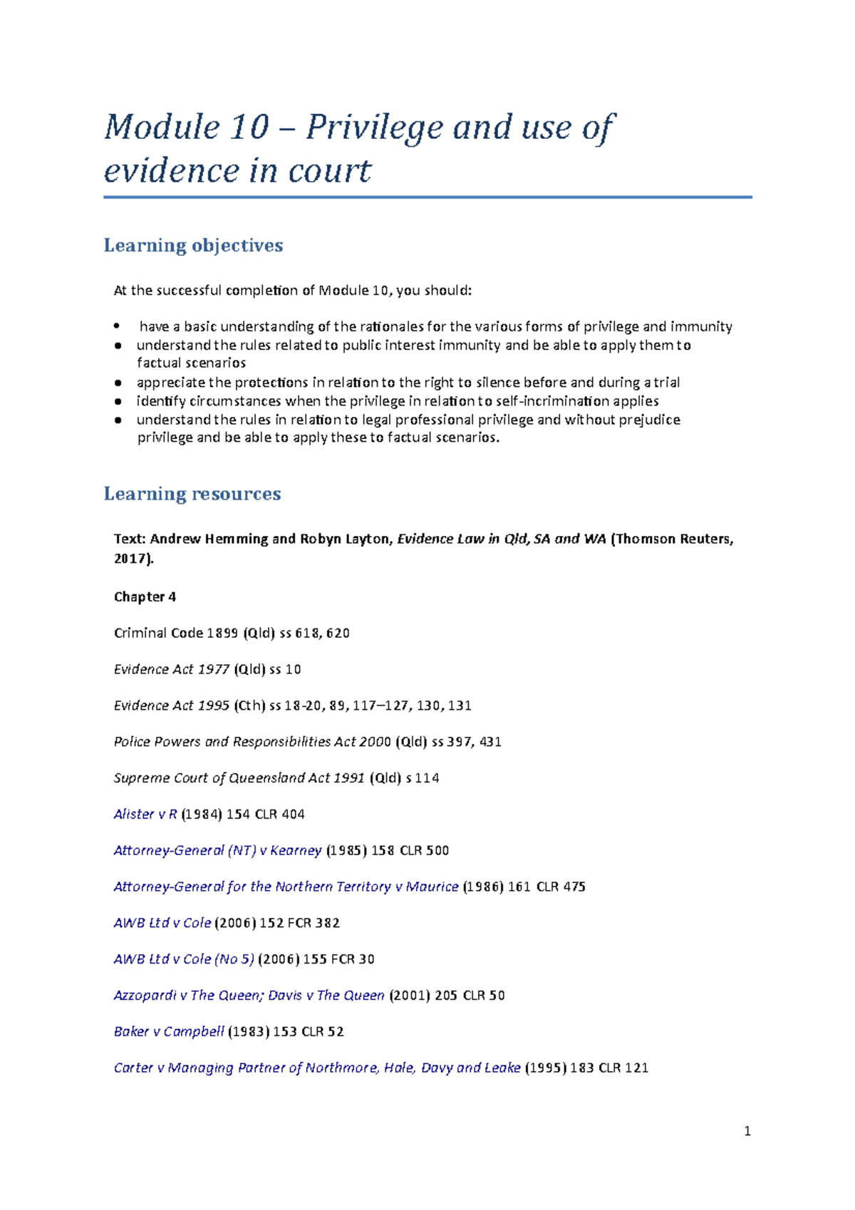 Module 10 - Privilege and use of evidence in court - Module 10 ...