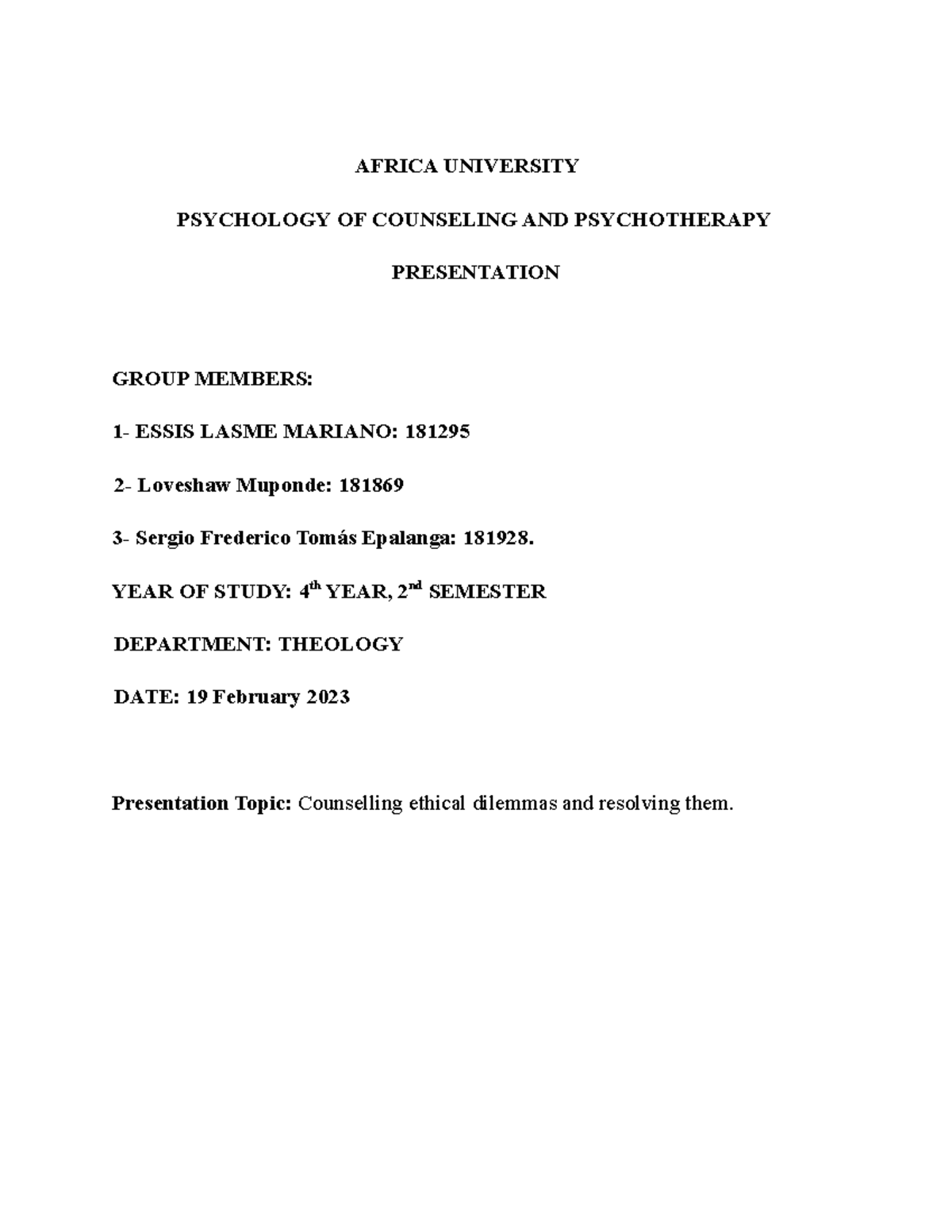Psychology Presentation - AFRICA UNIVERSITY PSYCHOLOGY OF COUNSELING ...
