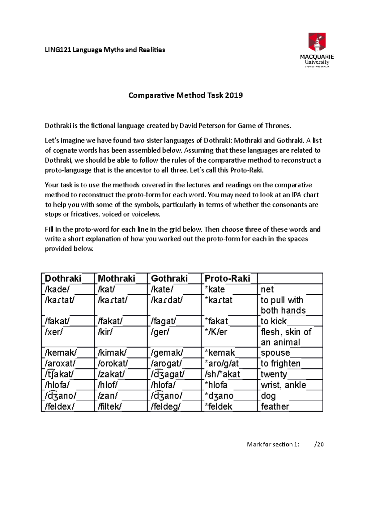 Comparative Method Task 2019 - LING121 Language Myths and Realities ...