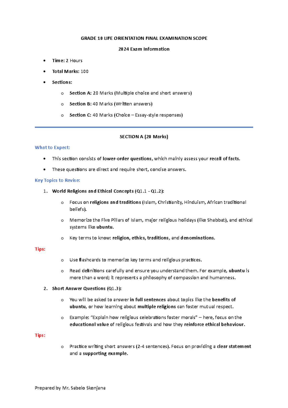 Grade 10 2024 L.O Scope - GRADE 10 LIFE ORIENTATION FINAL EXAMINATION ...
