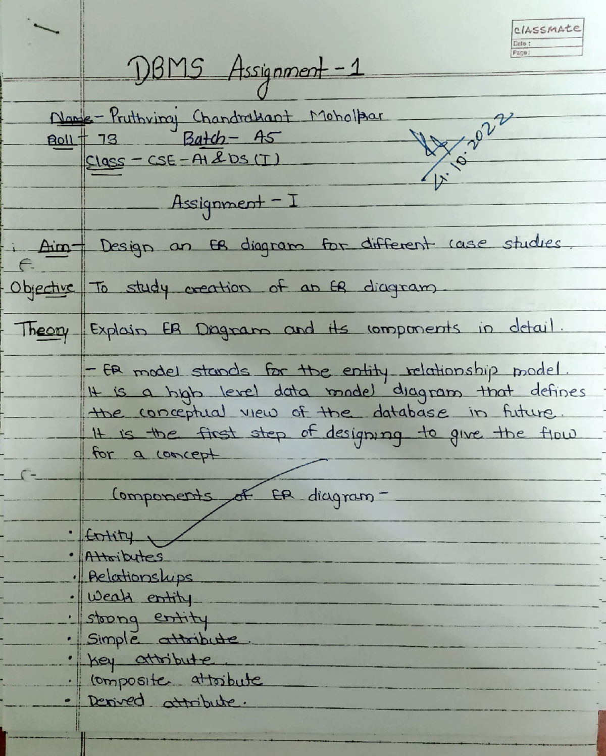 DBMS Assignment 1 - ClASSMAte Date: FEge: BMS Assianma- Dane ...