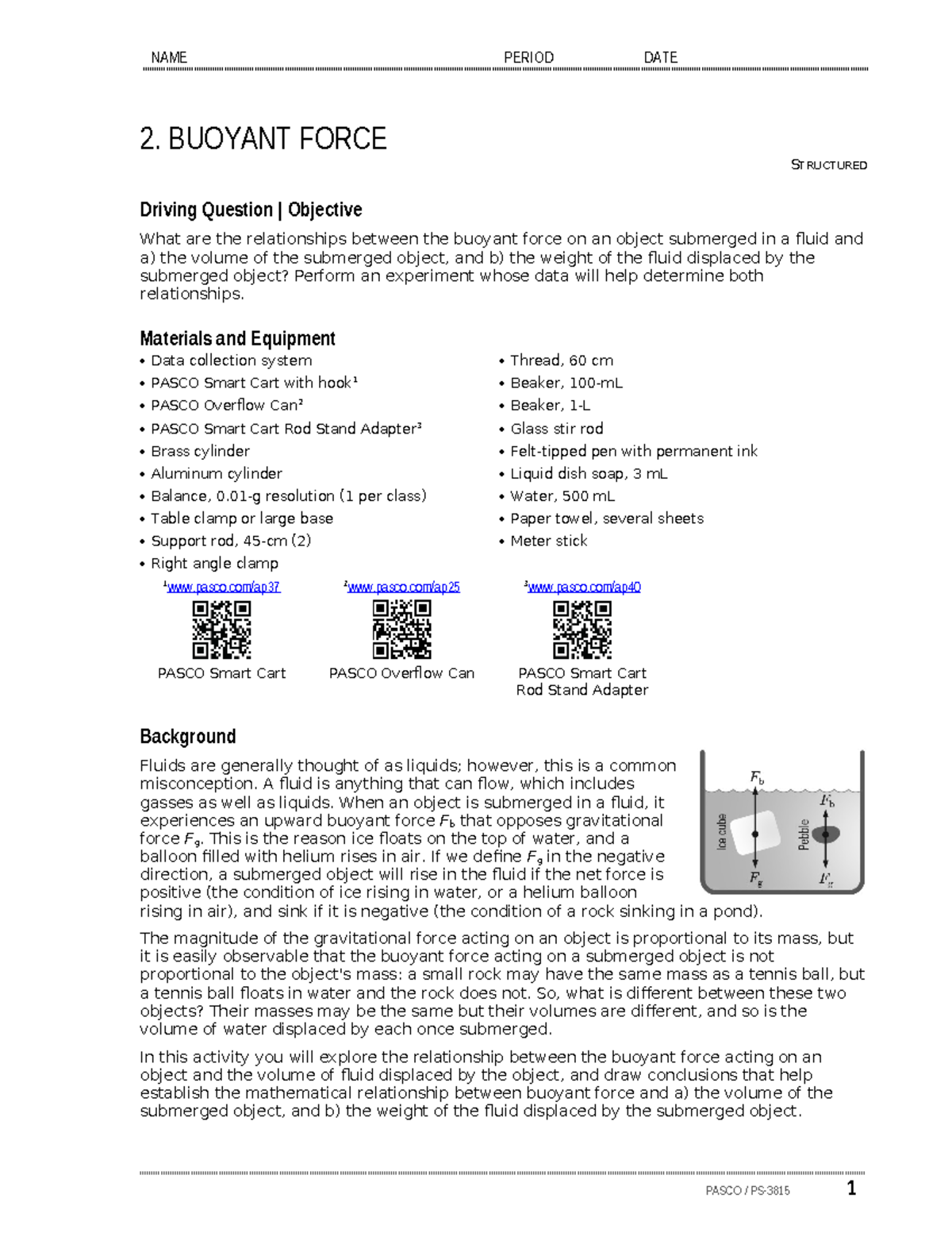 02 AP2 Buoyant Force S - Notes - NAME PERIOD DATE 2. BUOYANT FORCE ...