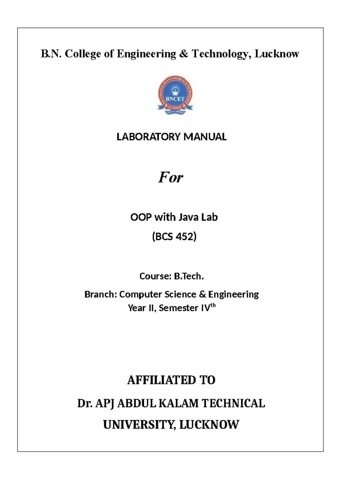 Lab OOPJ - OOP with Java Lab Manual - B. College of Engineering & Technology, Lucknow LABORATORY ...