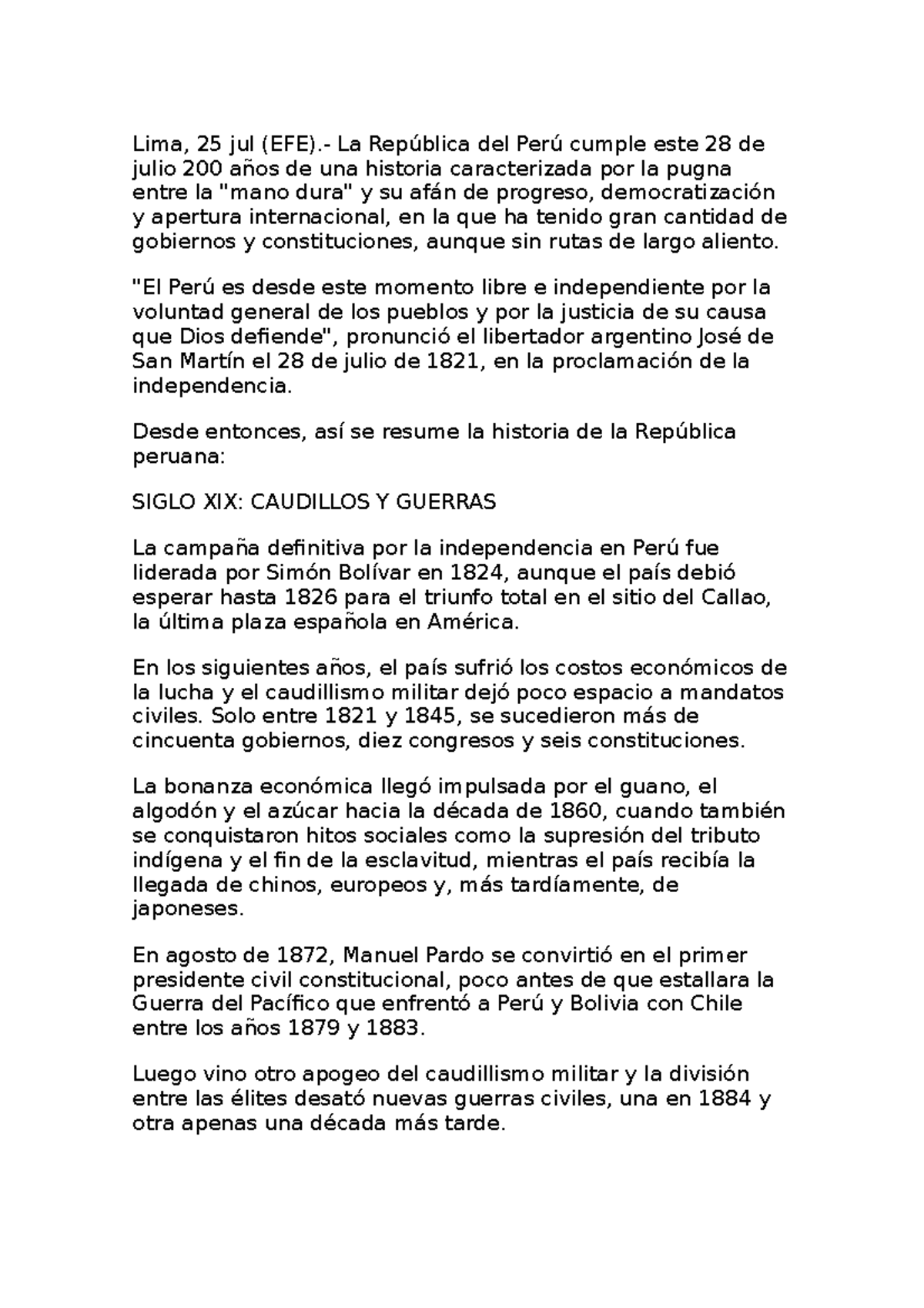 Historia republica peruana - Lima, 25 jul (EFE).- La República del Perú ...