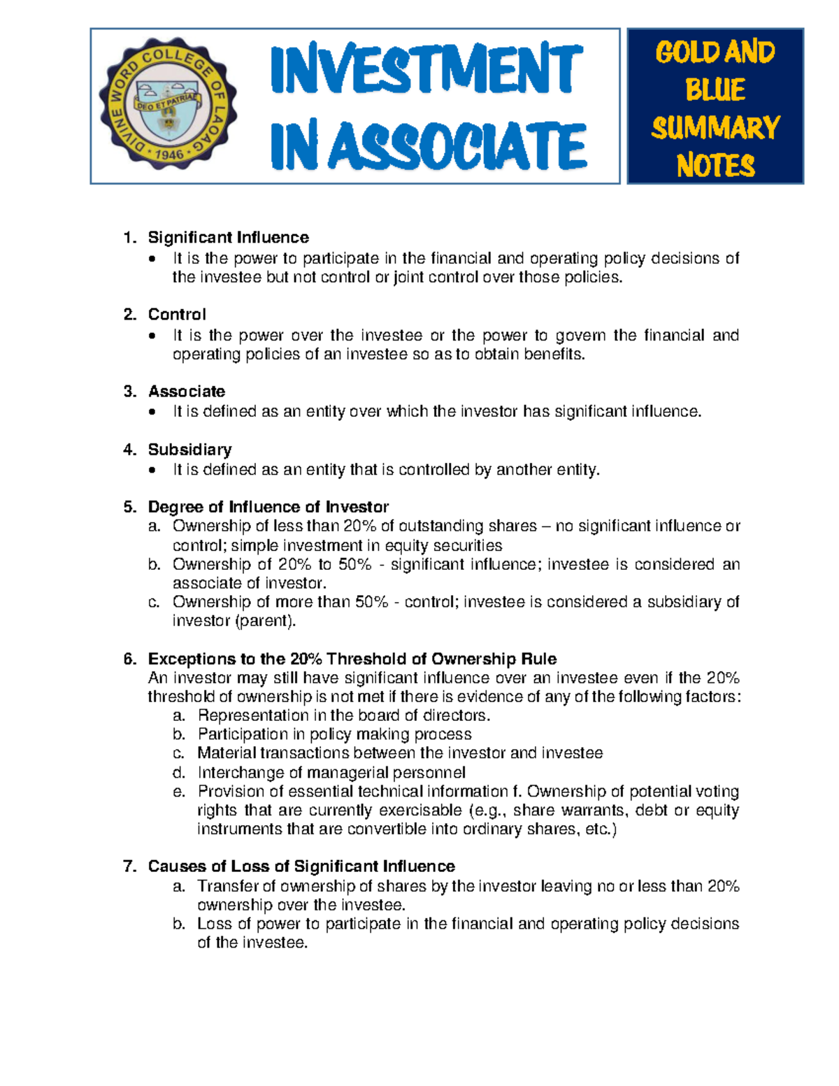 Investment in Associate (1) Gold and Blue Summary Notes - 1 ...