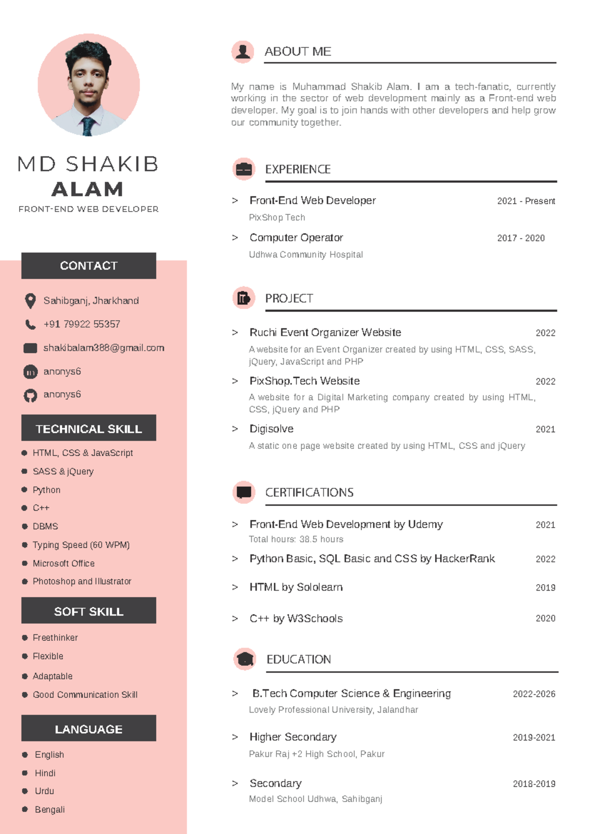 Shakib CV - FRONT-END WEB DEVELOPER M D S H A K I B A L A M My name is Muhammad Shakib Alam. I ...