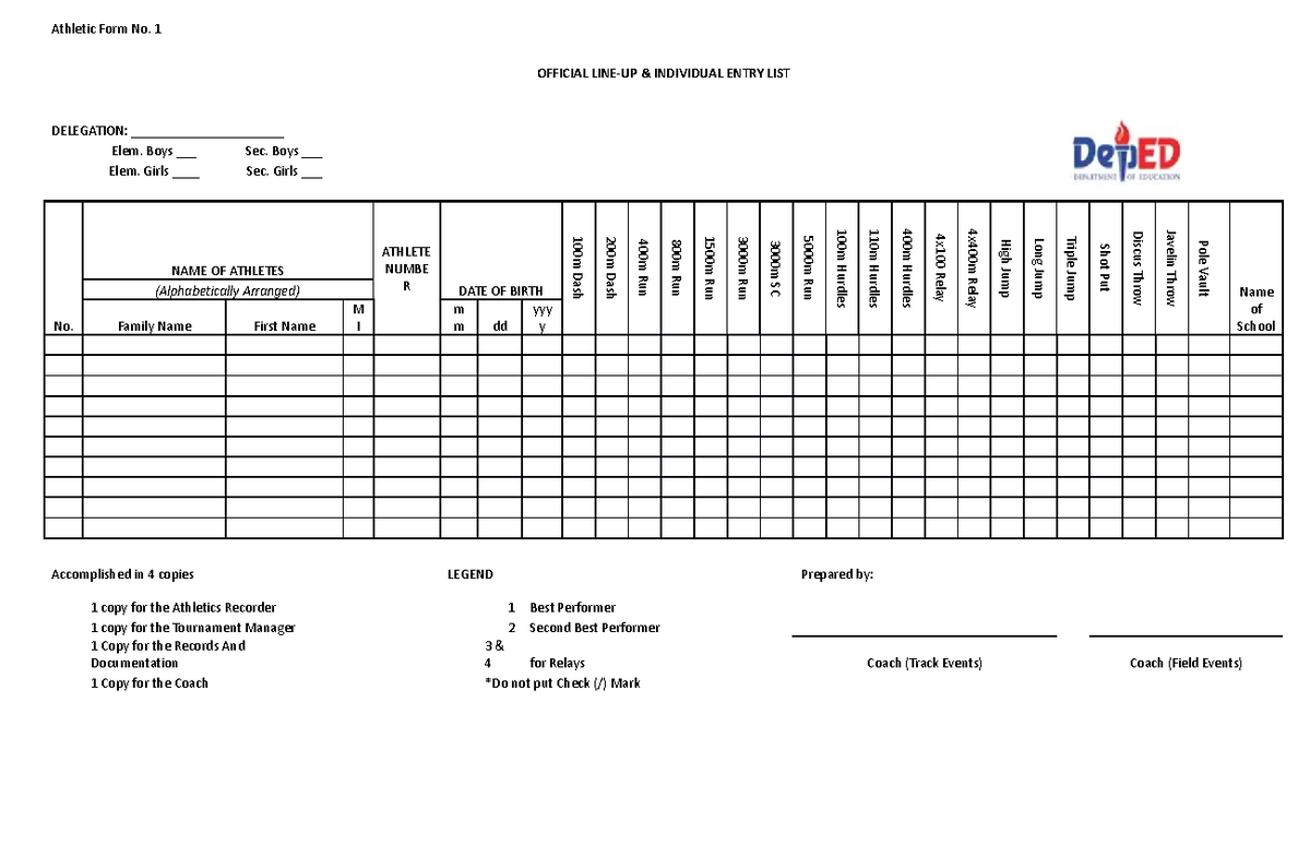 Athletics FORM 1 Seeding - Athletic Form No. 1 OFFICIAL LINE-UP & INDIVIDUAL ENTRY LIST - Studocu
