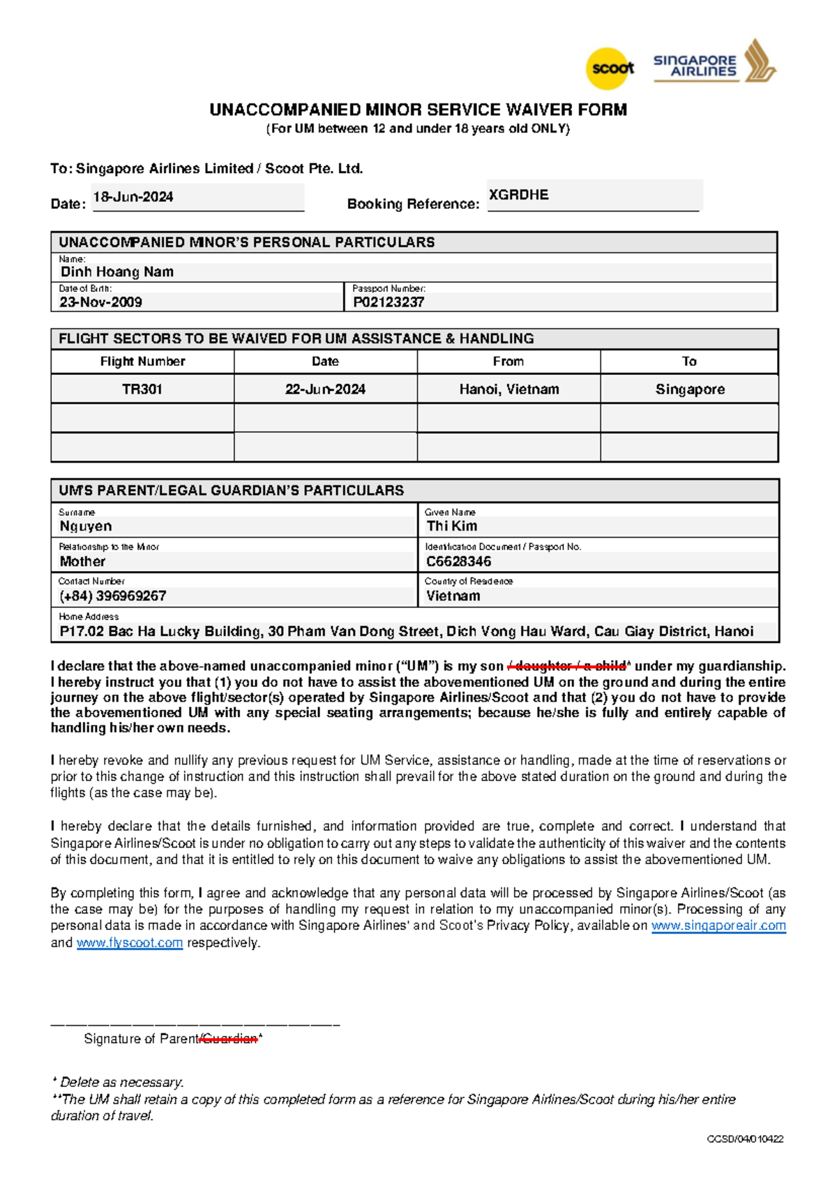 Unaccompanied Minor Service Waiver FORM - CCSD/0 4 / 010422 ...