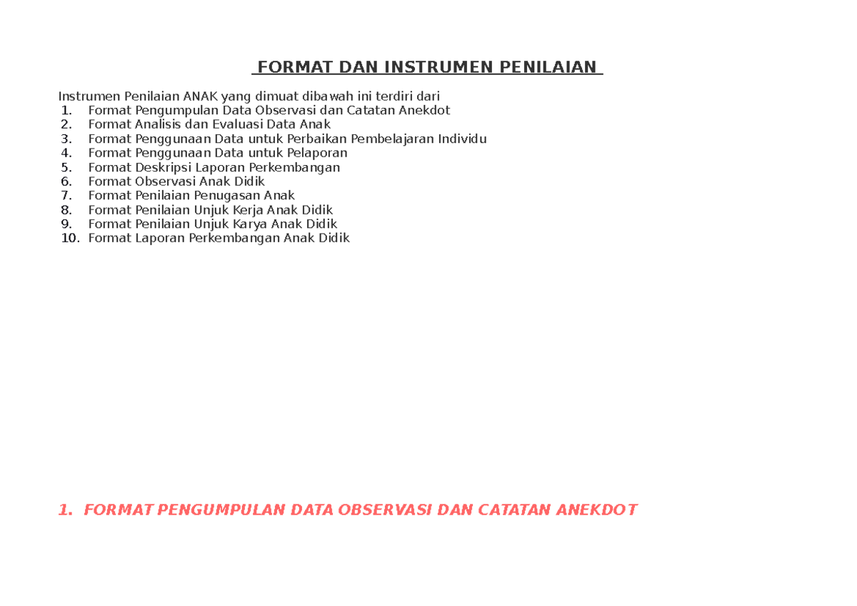 C.6 Format Evaluasi Penilaian PAUD TK KB TPA SPS - FORMAT DAN INSTRUMEN PENILAIAN Instrumen ...