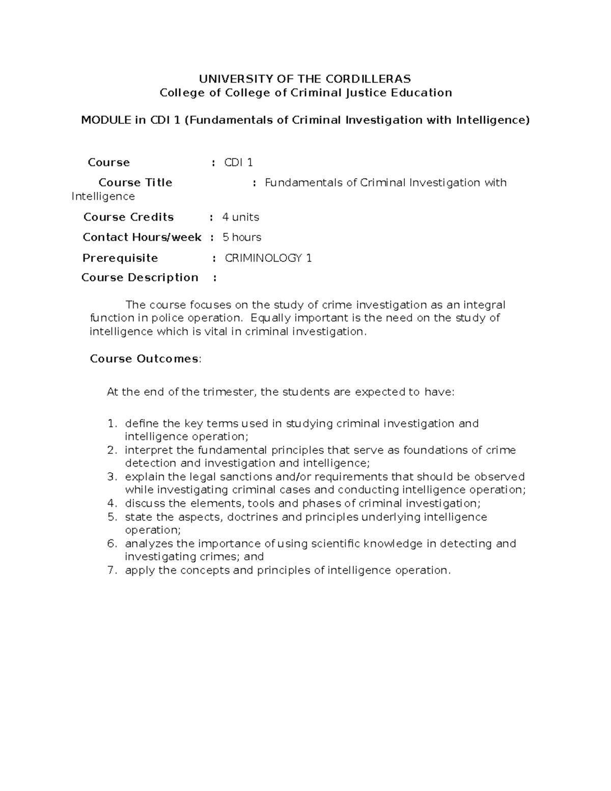 CRIMINAL INVESTIGATION - UNIVERSITY OF THE CORDILLERAS College of ...