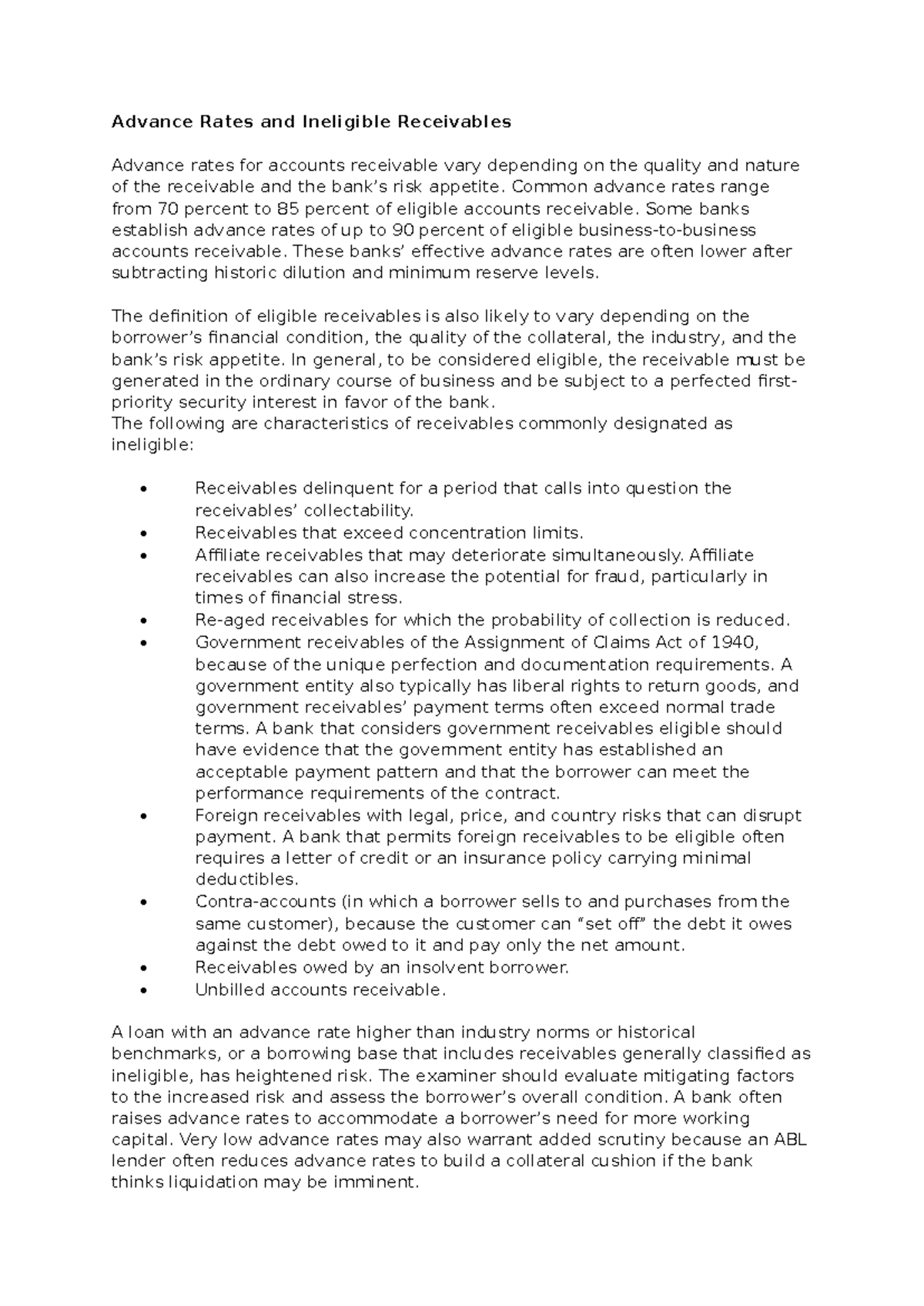 Advance Rates and Ineligible Receivables - Common advance rates range ...